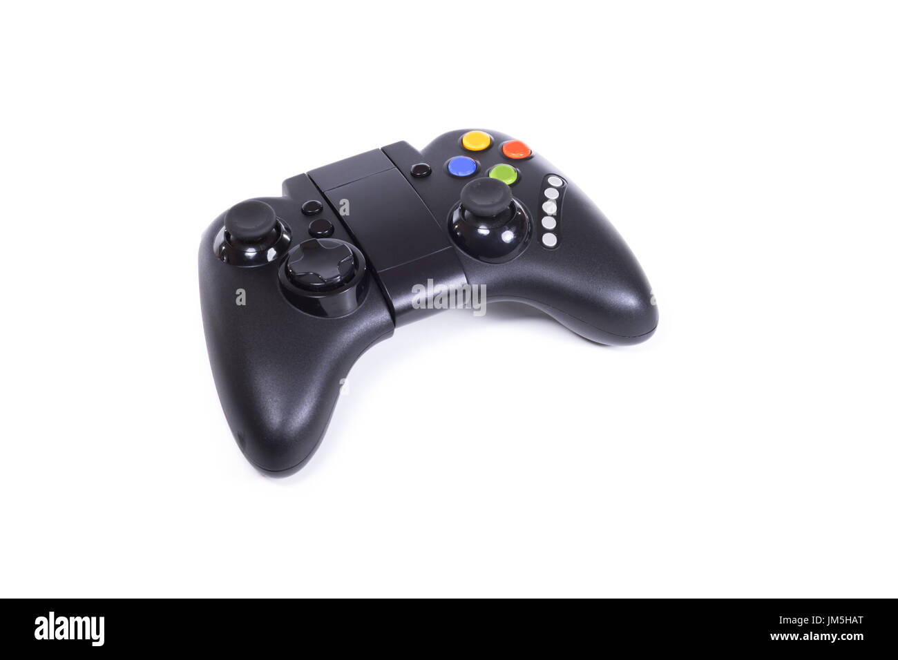 Black gaming joystick with some colored buttons, close-up isolated on ...