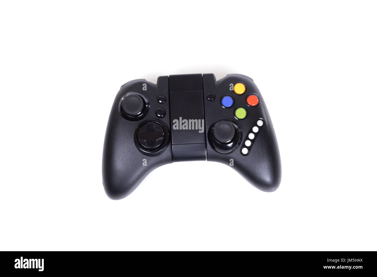 Black gaming joystick, with additional controls. Front view isolated on ...