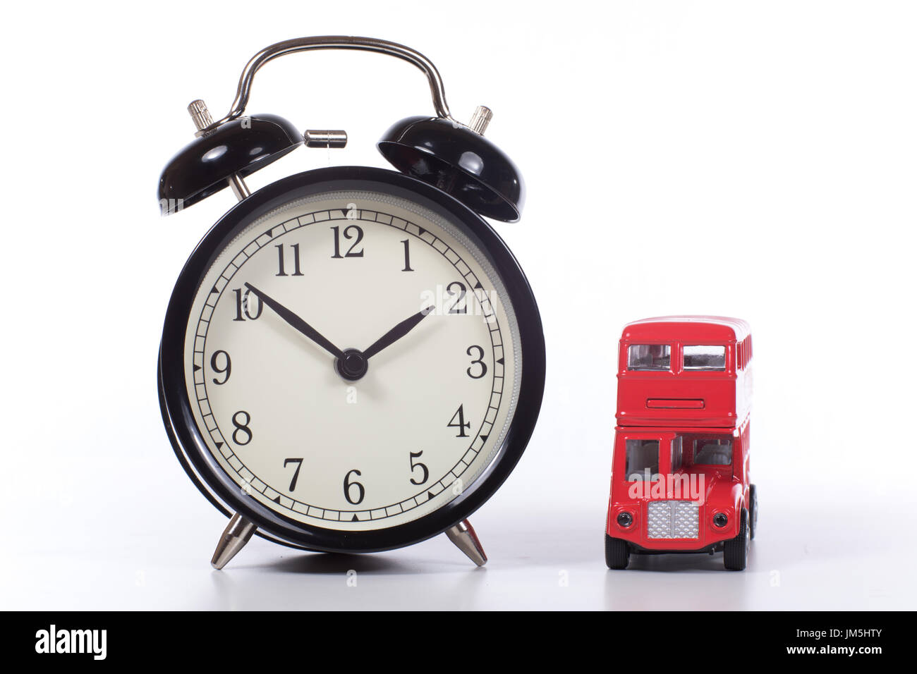 Big classic alarm clock with black hands and white face and small red ...