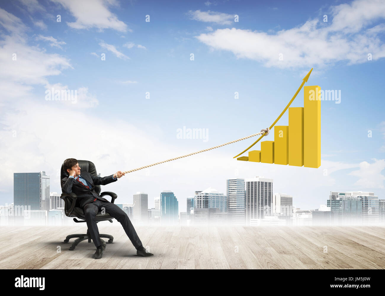 Man pulling with effort big pulling rope graph, as a symbol of ...