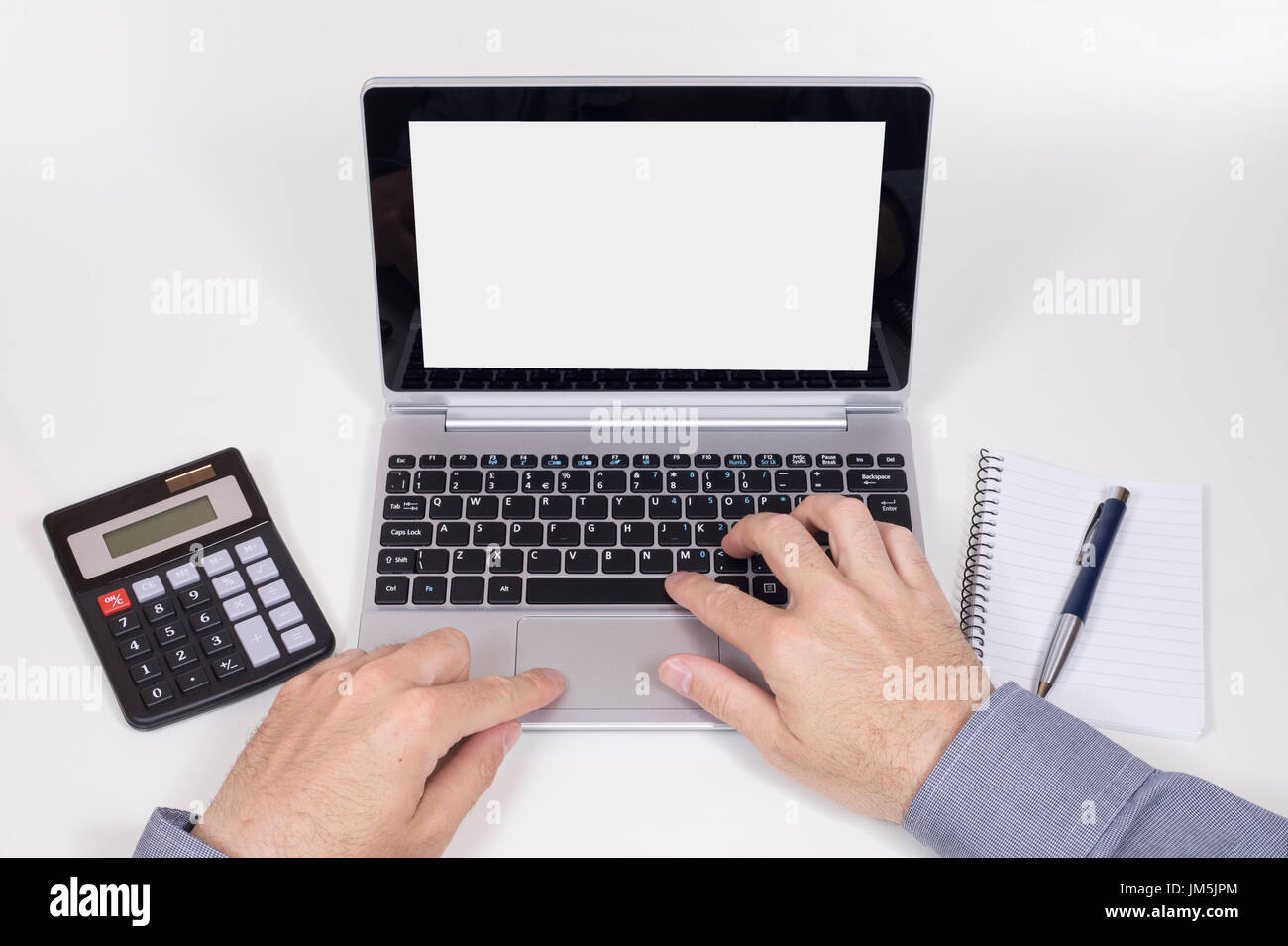 Male hands working in office on computer, open laptop computer with ...