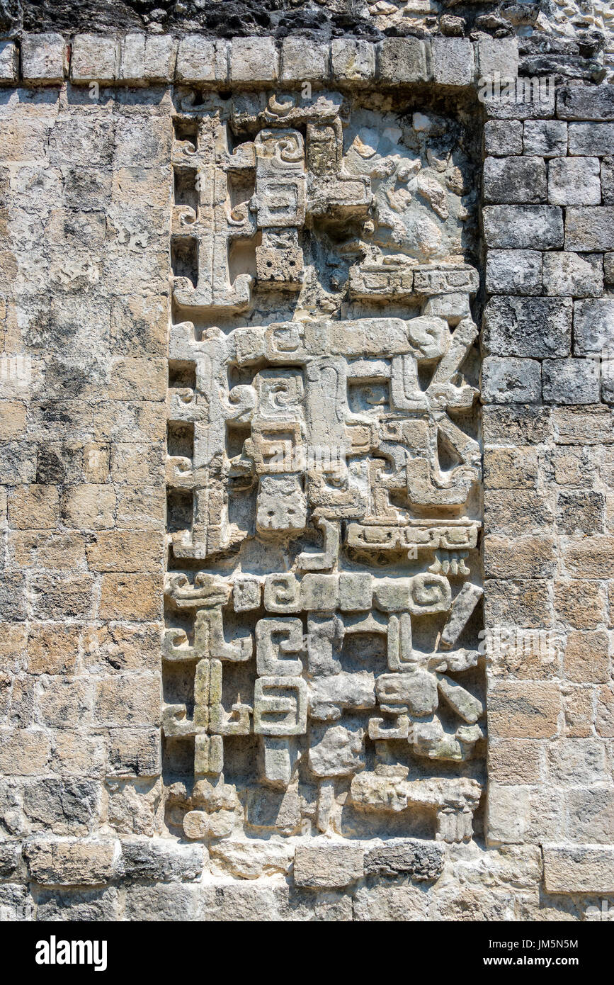 Intricate details of ancient Mayan ruins in Chicanna, Mexico Stock ...