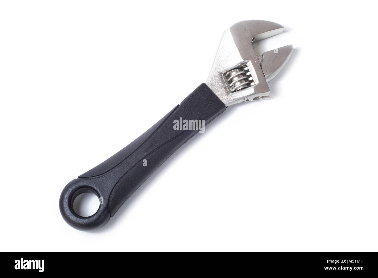 Adjustable steel mole grip wrench with plastic covered handle lying ...