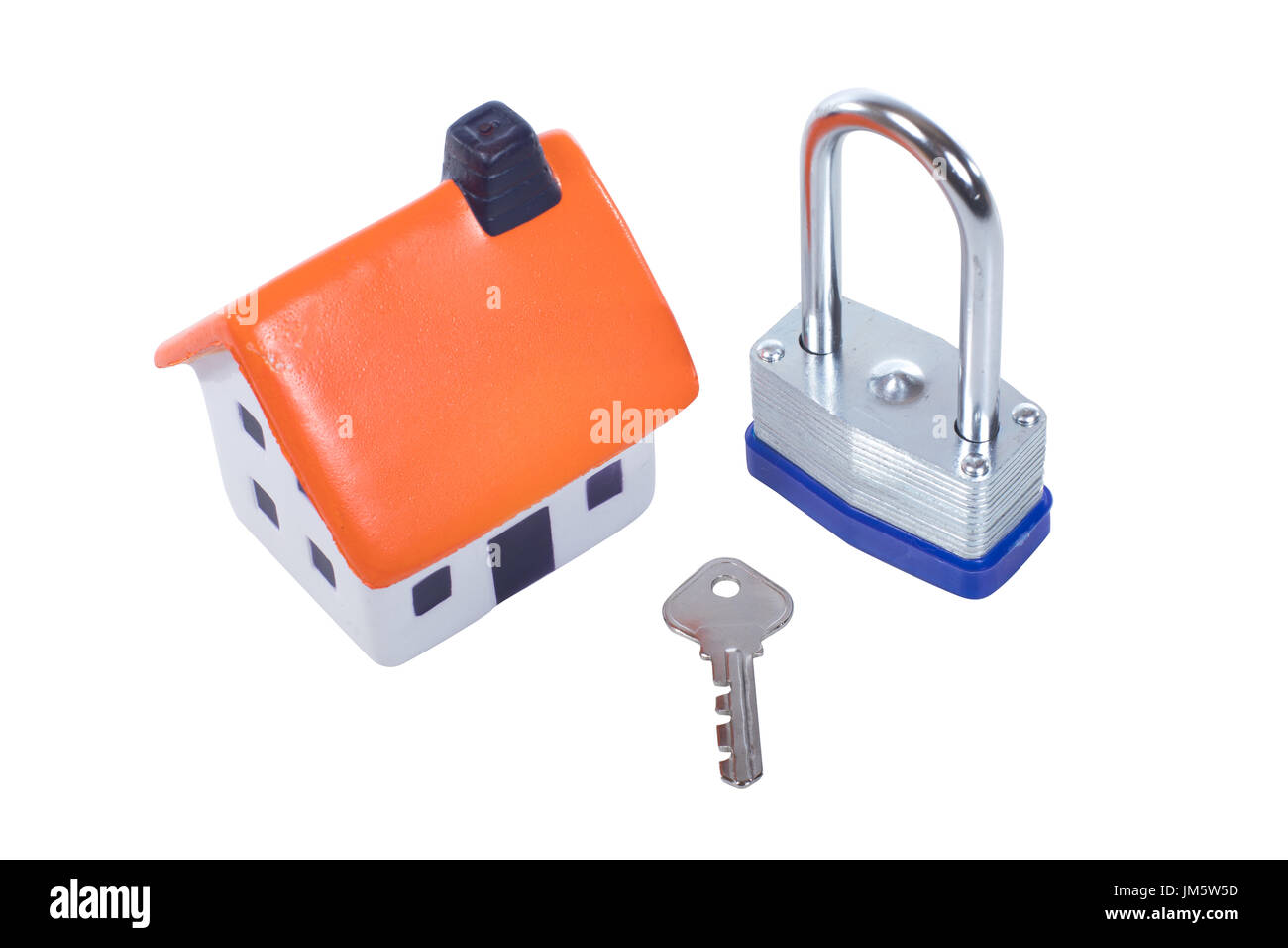 Toy model house with strong metal padlock and key in a safety, security ...