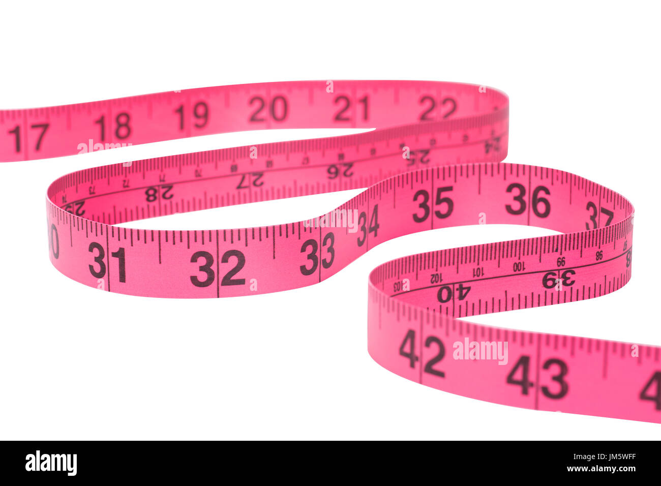 Snaking winding red measuring tape marked in inches on white in a ...