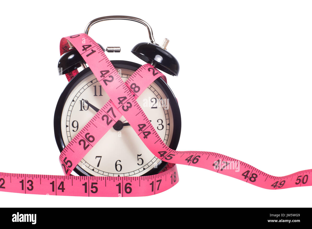 Red measuring tape wrapped around a retro style alarm clock in a ...