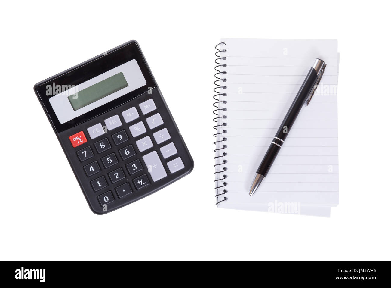 Pen, notebook and calculator isolated on white in a concept of a ...
