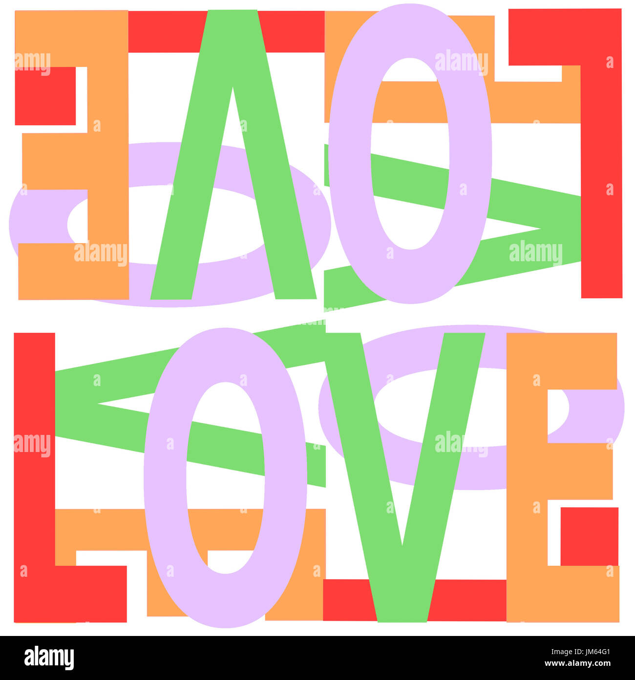 The word "love" is shown facing in four directions on a square and ...