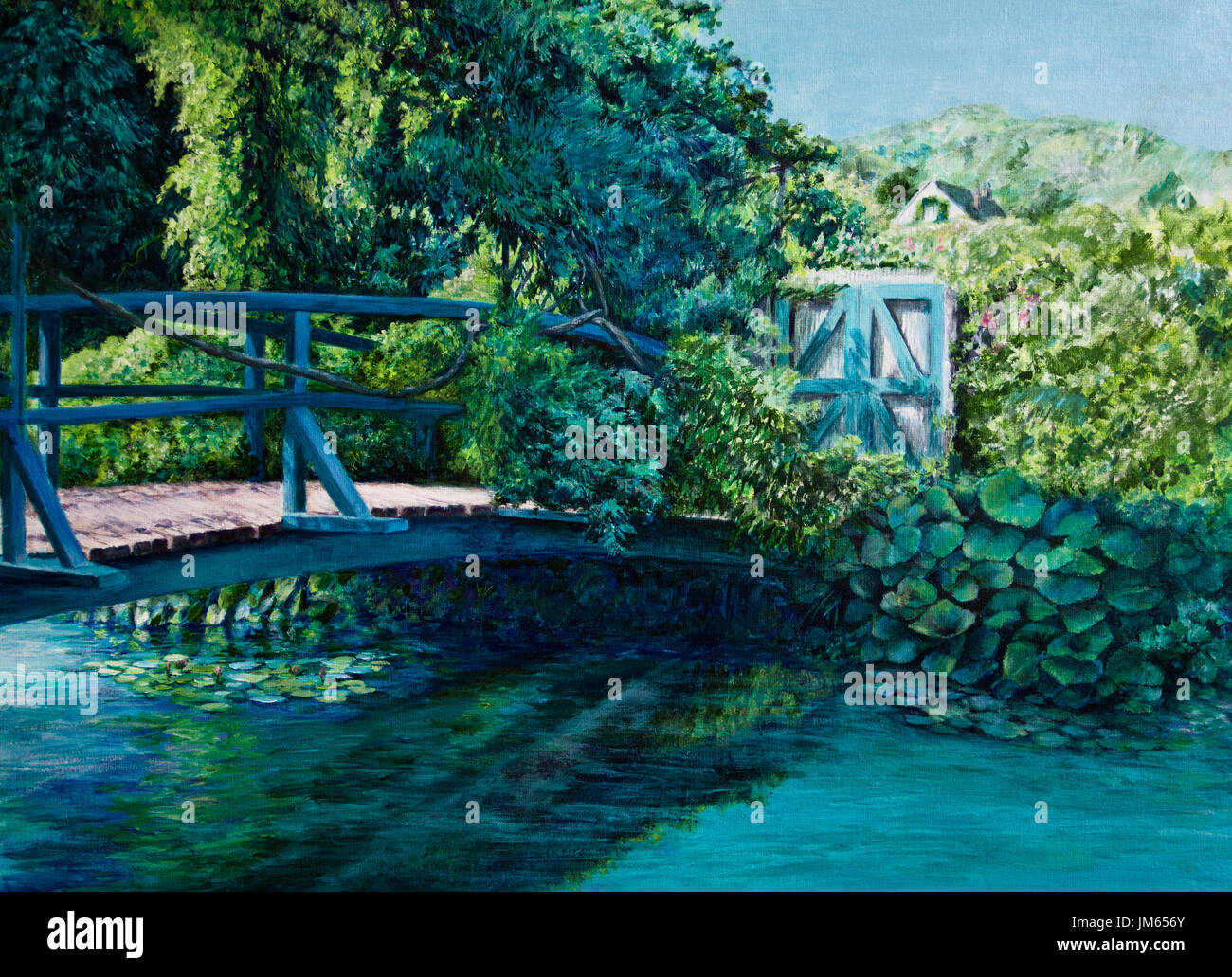 Monet's Japanese bridge at Giverny has a view towards the main house ...