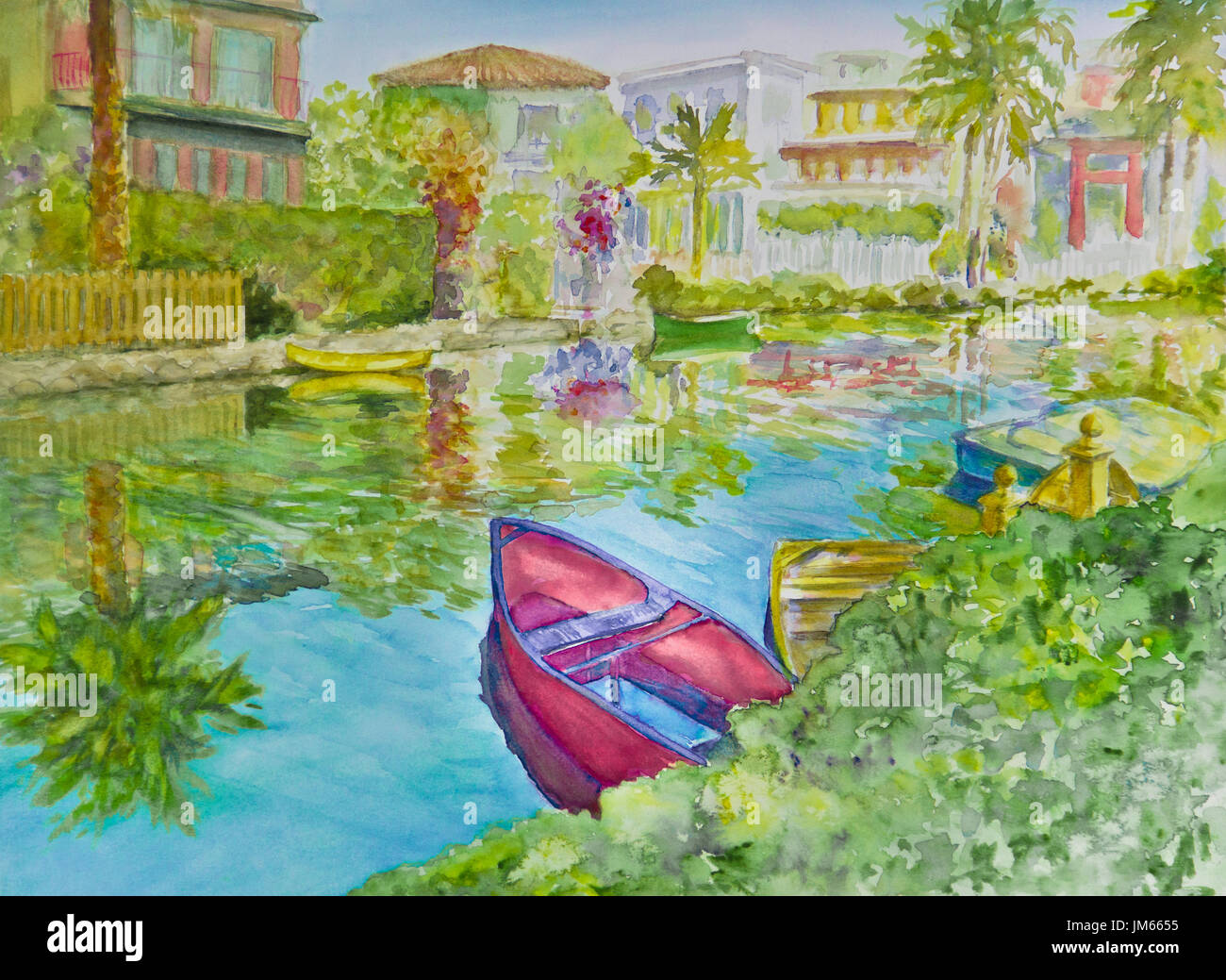 Canal rowing boats sit alongside a boat dock in a watercolor painting ...