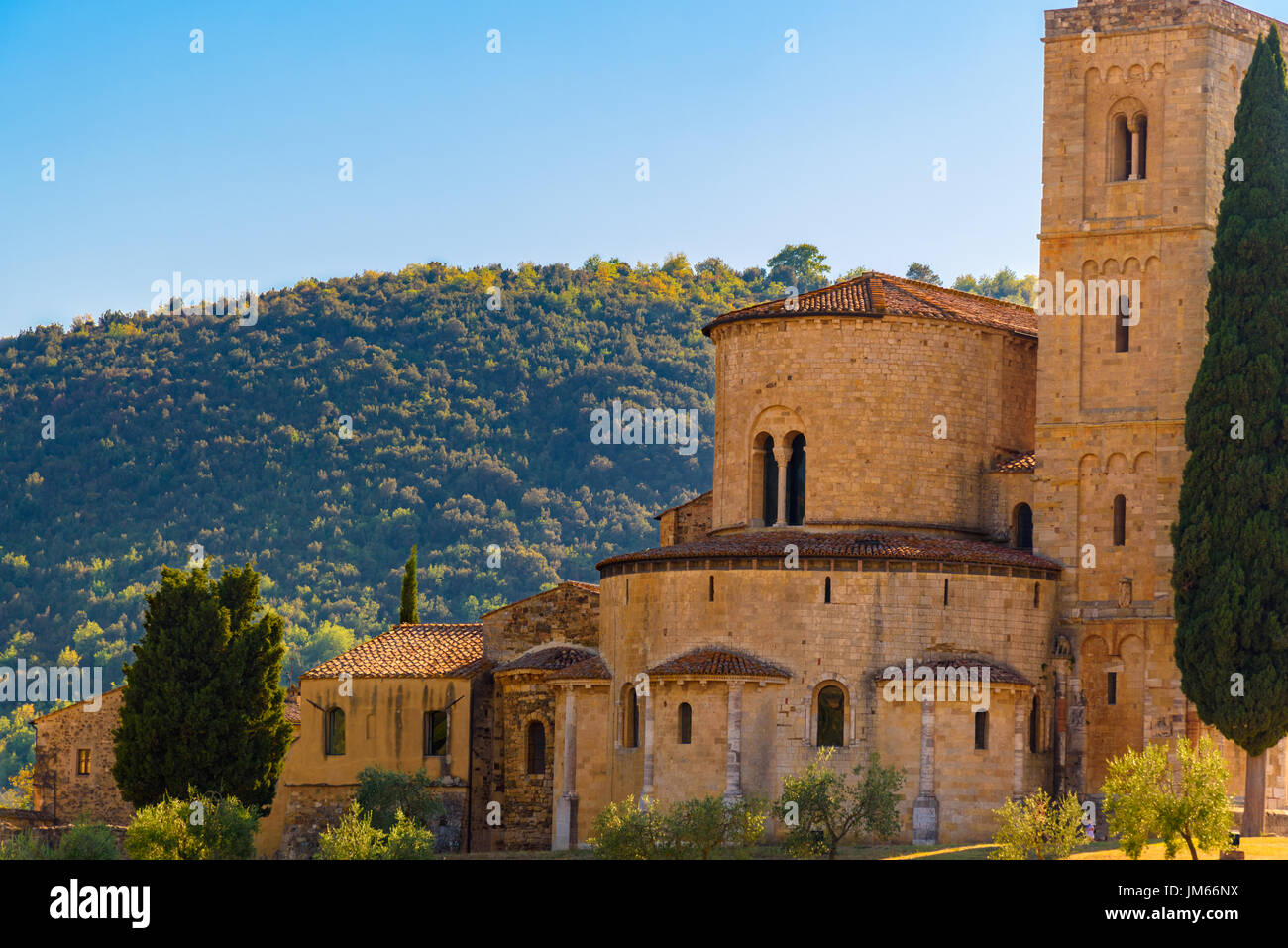 MONTALCINO, ITALY - JULY 22, 2017 - View of the ancient romanesque ...