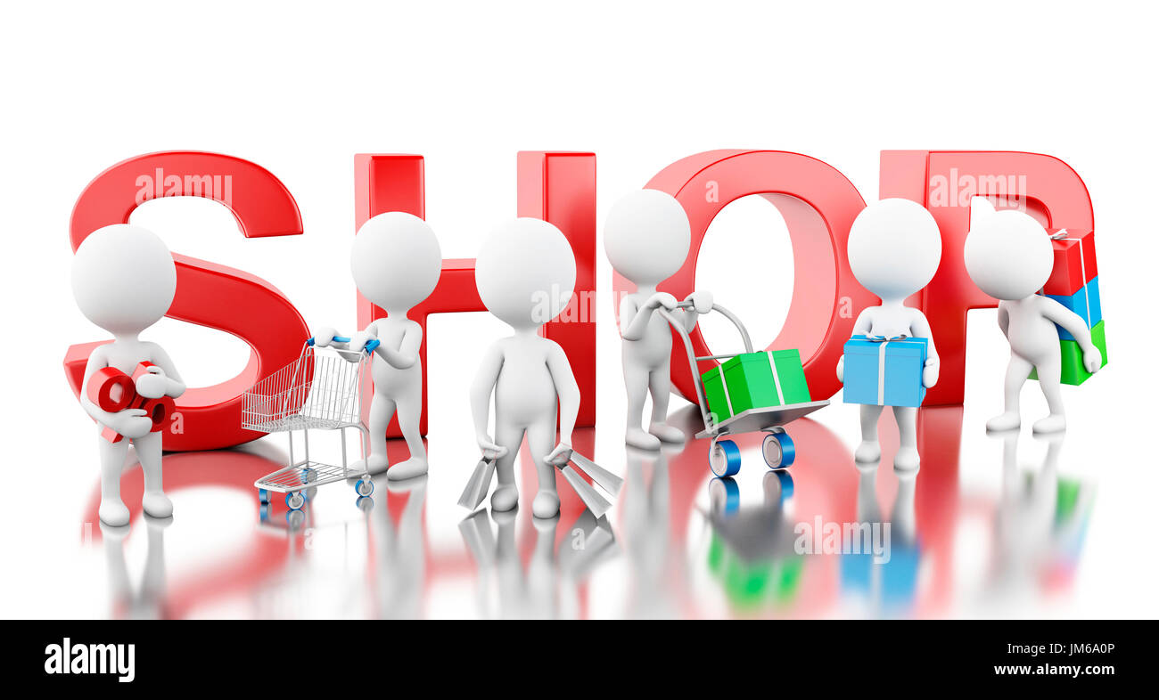 3D Illustration. White people with gifts, carts and word SHOP. Shop ...