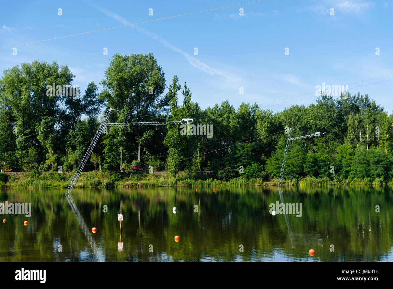 Cable skiing pylons / Wake Zone Stawiki in Sosnowiec, Poland Stock ...