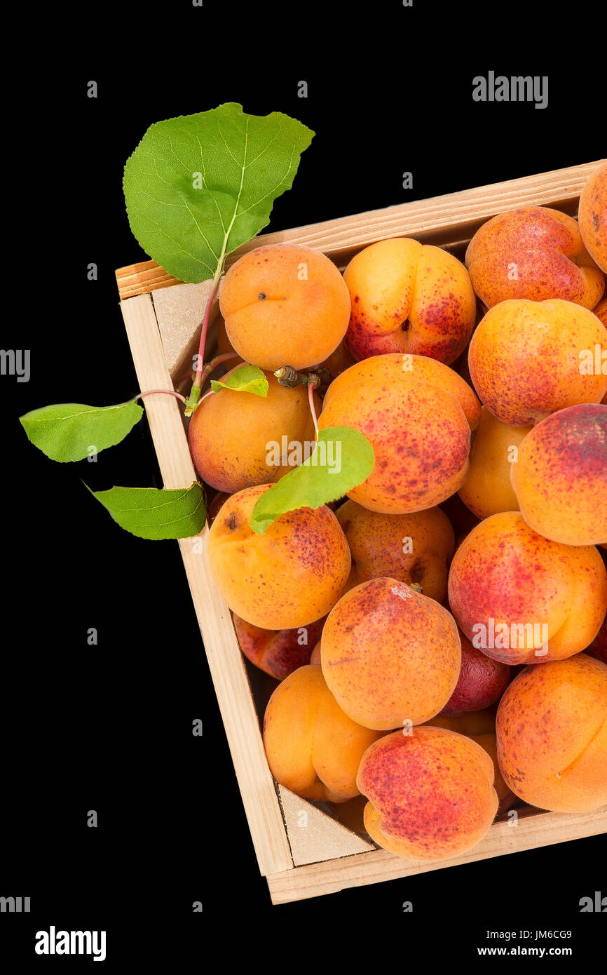 wood box with apricots on black background Top view Stock Photo - Alamy