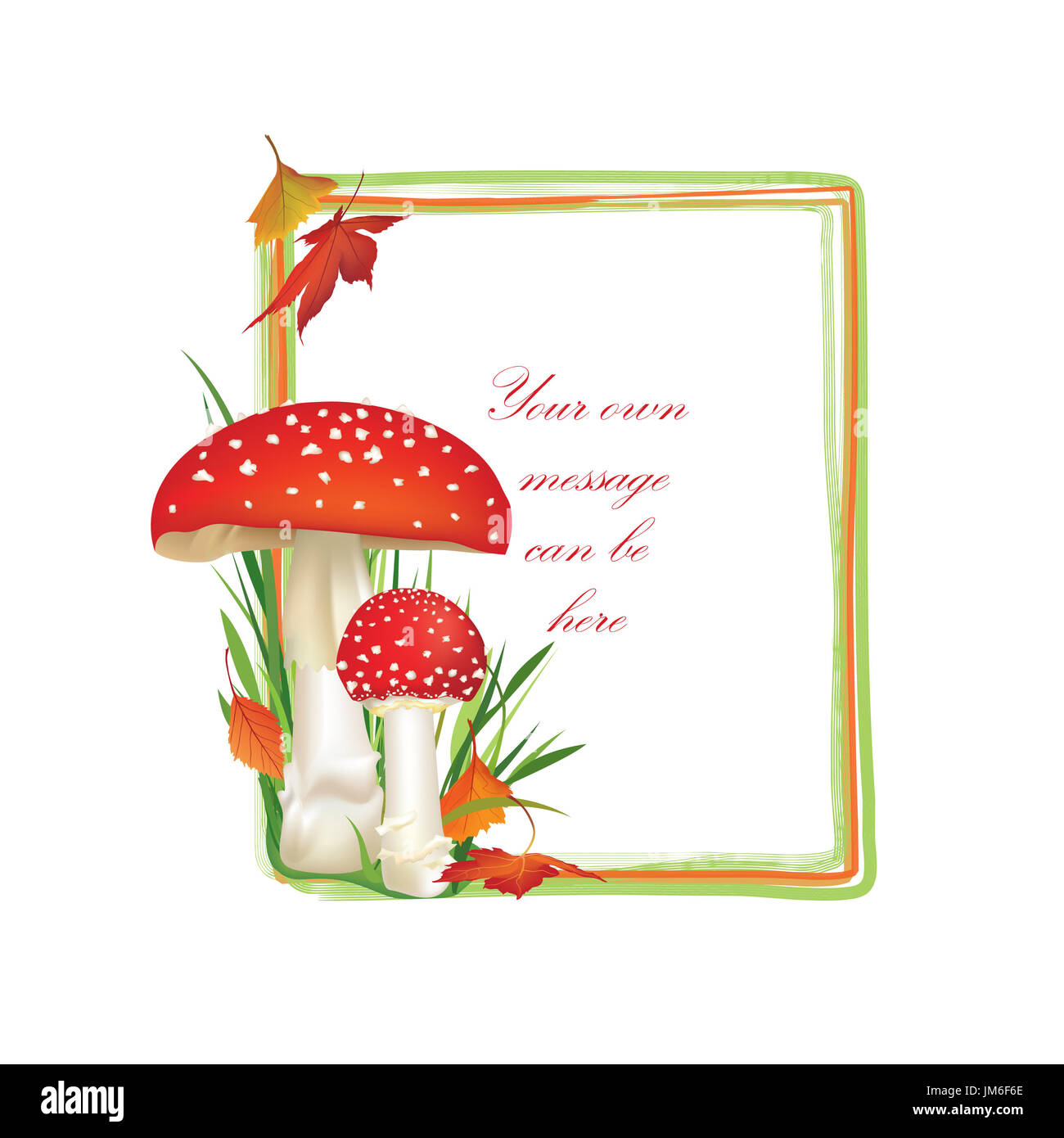 Red poison mushroom. Autumn frame with copy space. Floral fall border ...