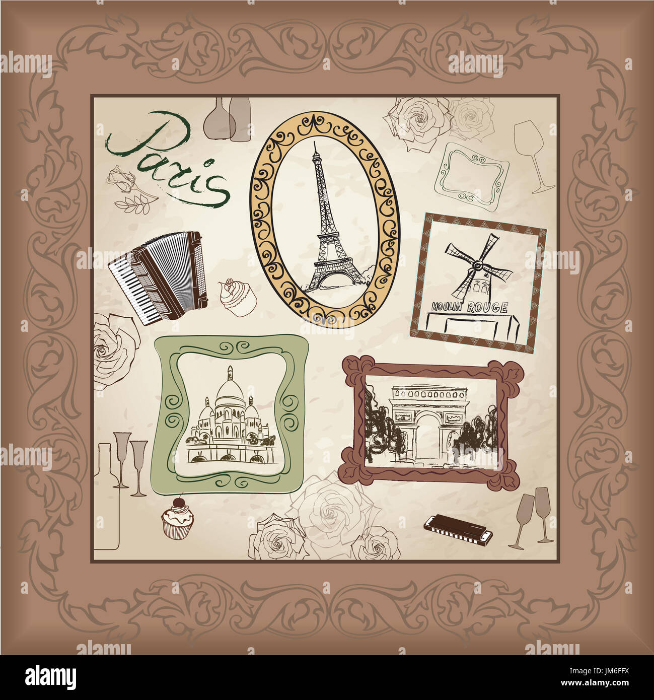 Paris city landmark Eiffel Tower and handwritten lettering PARIS ...