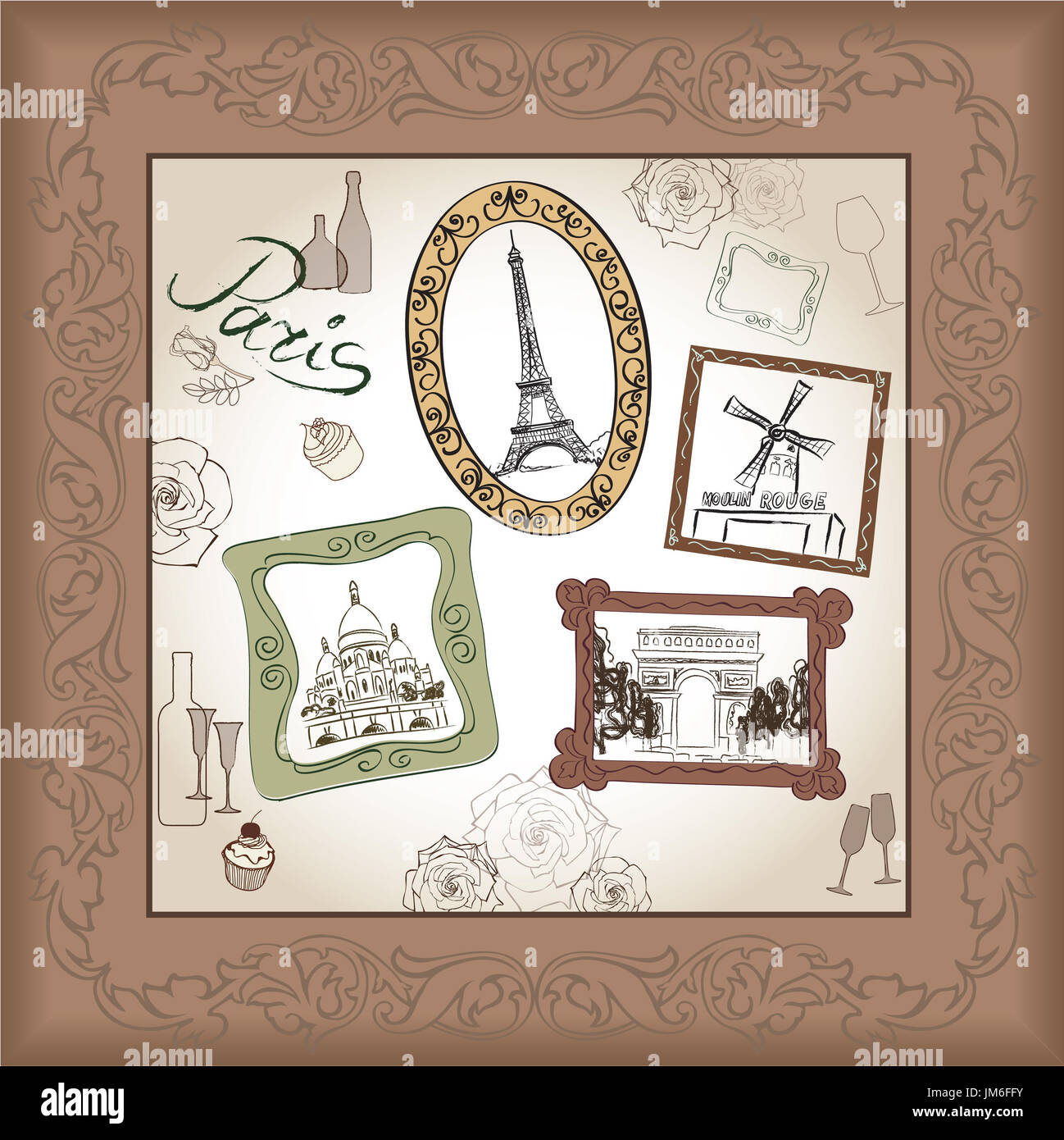 Paris city landmark Eiffel Tower and handwritten lettering PARIS ...