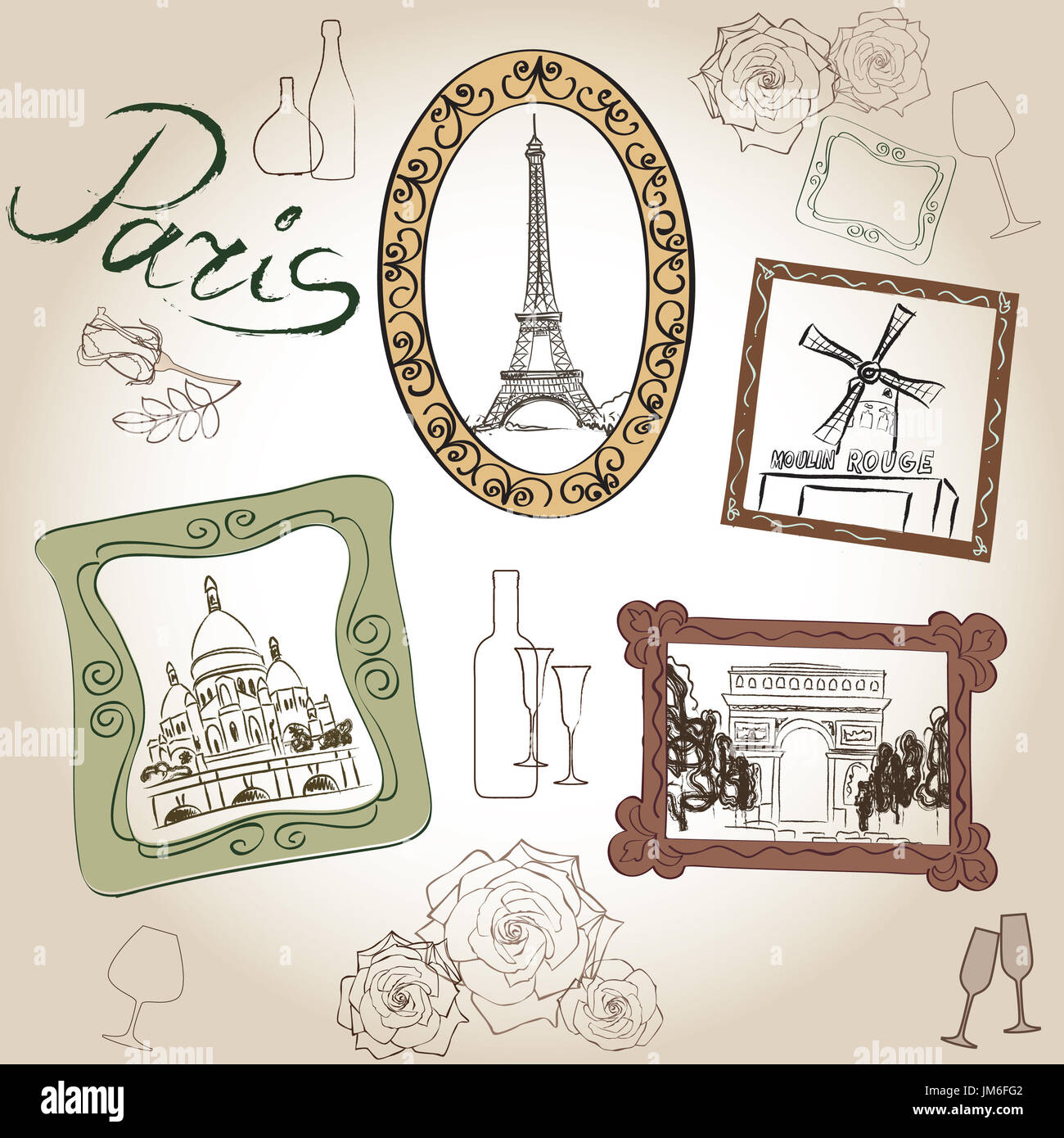 Paris city landmark Eiffel Tower and handwritten lettering PARIS ...