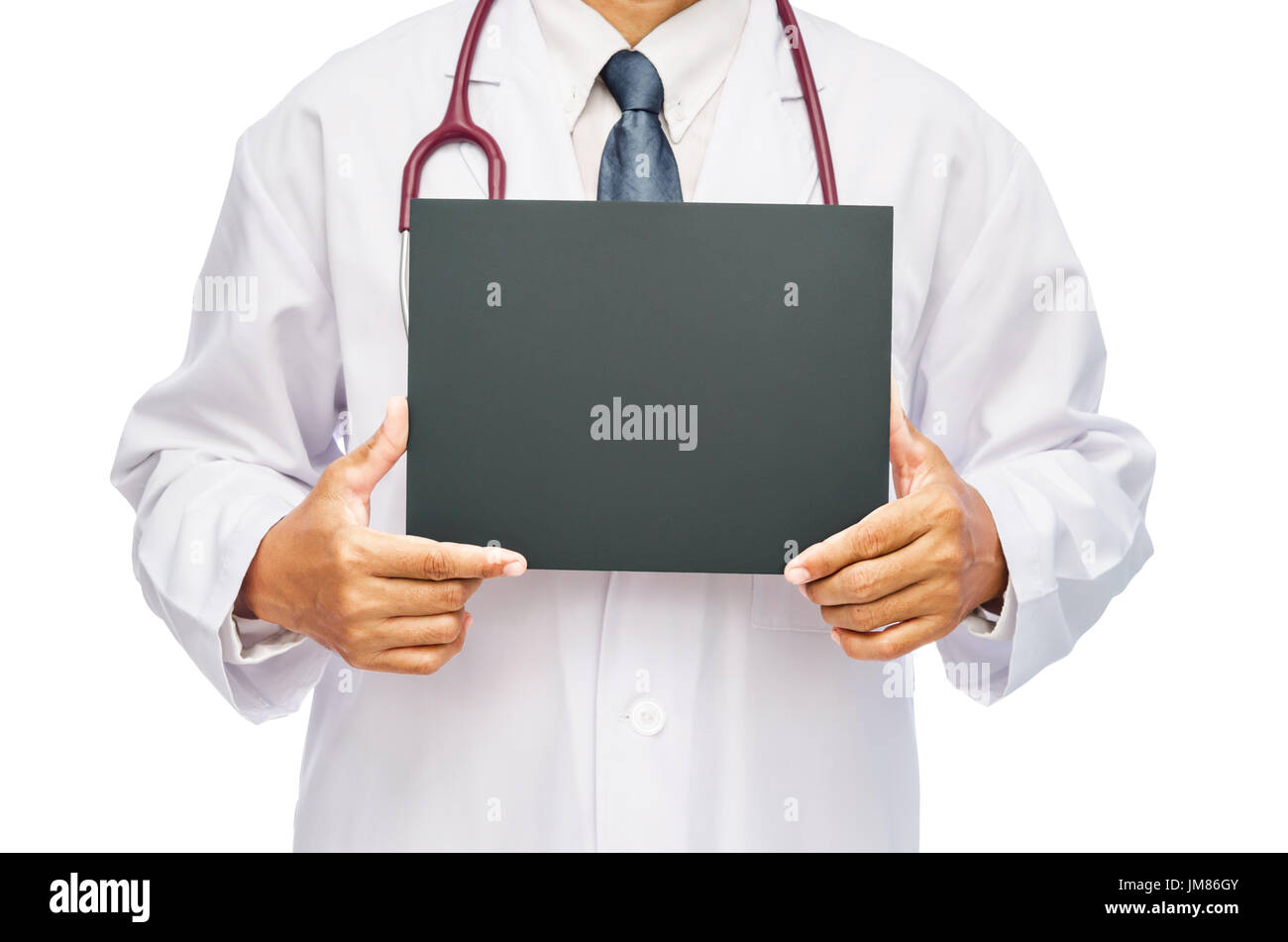 Doctor holding blank white banner (board) isolated on white background ...