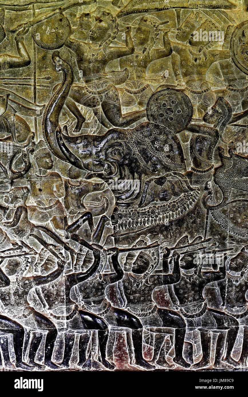 Cambodia Angkor Wat internal temple complex wall carving Khmer warriors ...