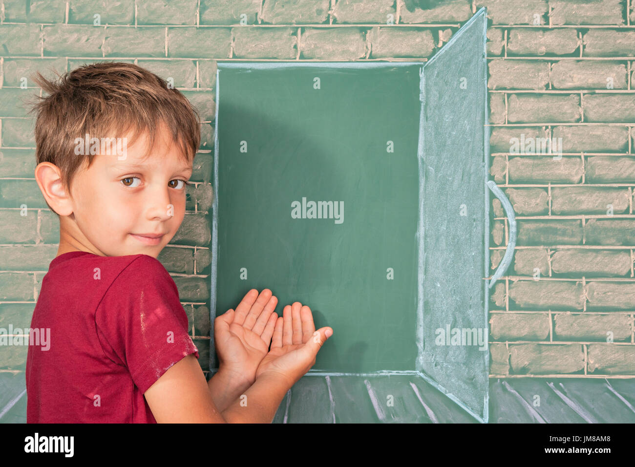 Education concept with little boy inviting with gesture to magic school ...