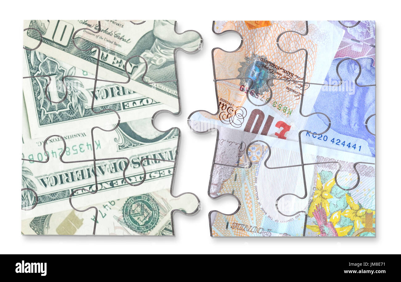 Jigsaw puzzle consisting of dollar and british pound money banknotes ...