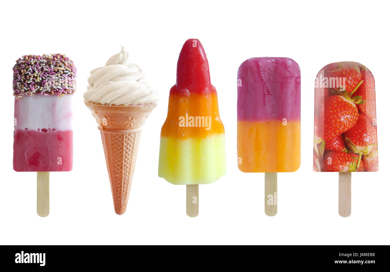 Five assorted icecream and frozen lollies over a white background Stock ...