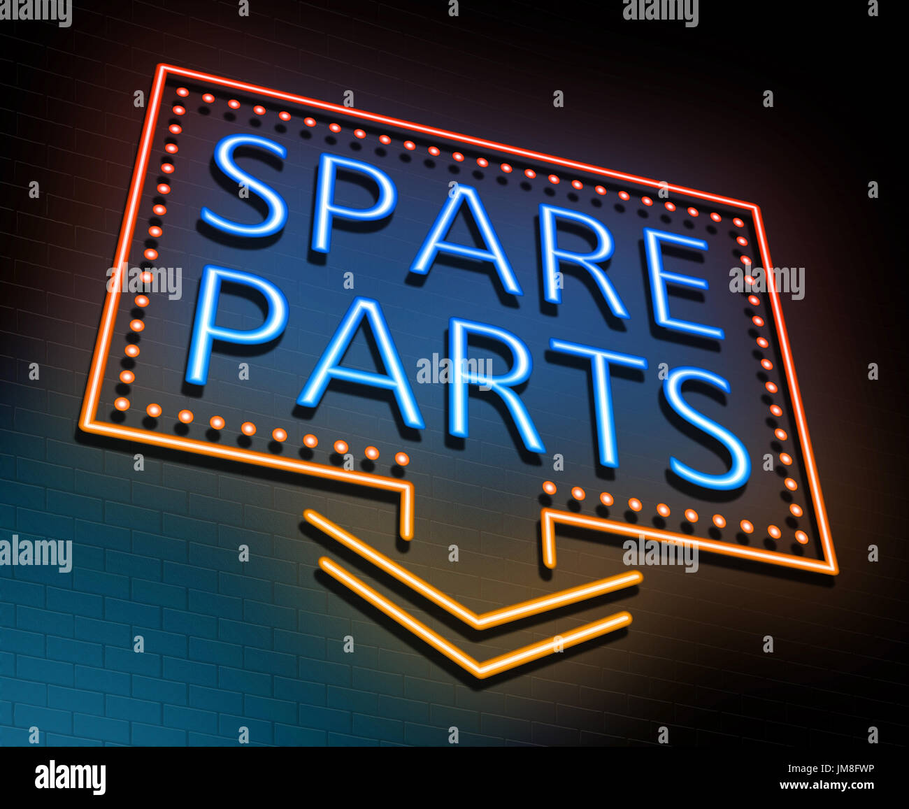 3d Illustration depicting an illuminated neon sign with a spare parts ...