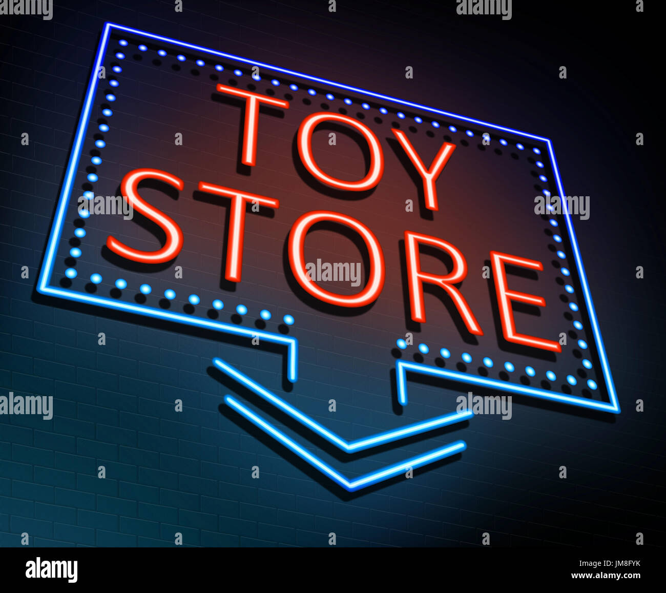 3d Illustration depicting an illuminated neon sign with a toy store ...