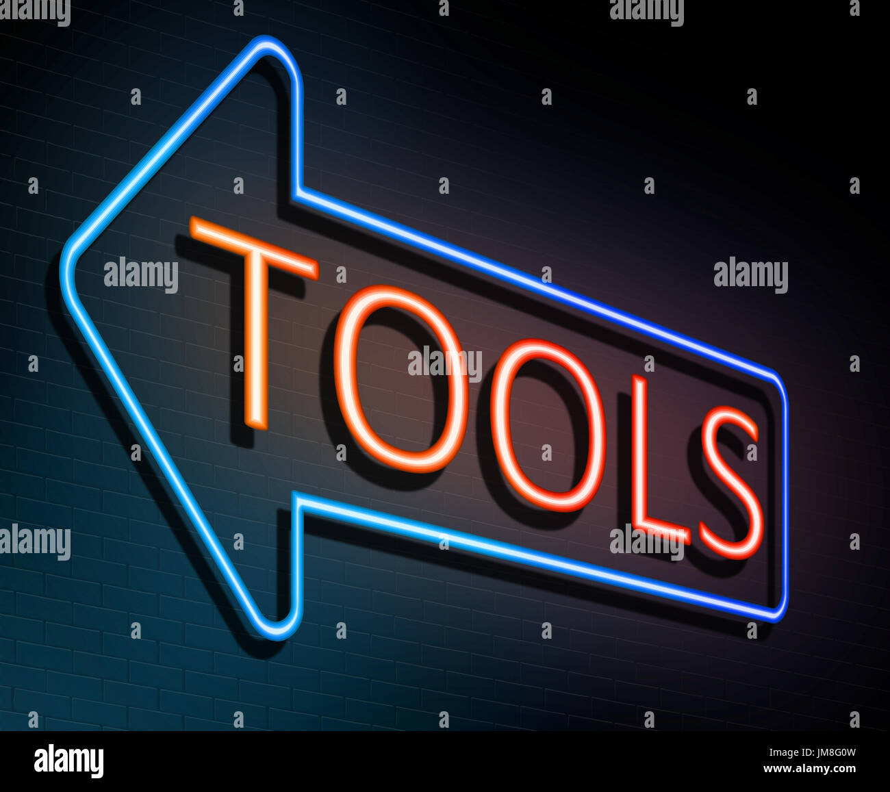 3d Illustration depicting an illuminated neon sign with a tools concept ...