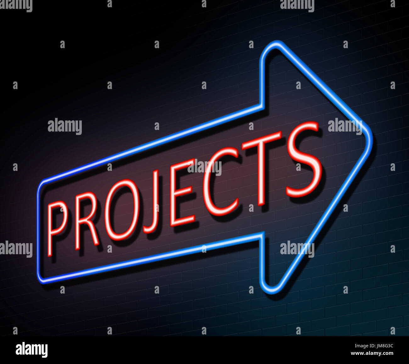 3d Illustration depicting an illuminated neon sign with a projects ...
