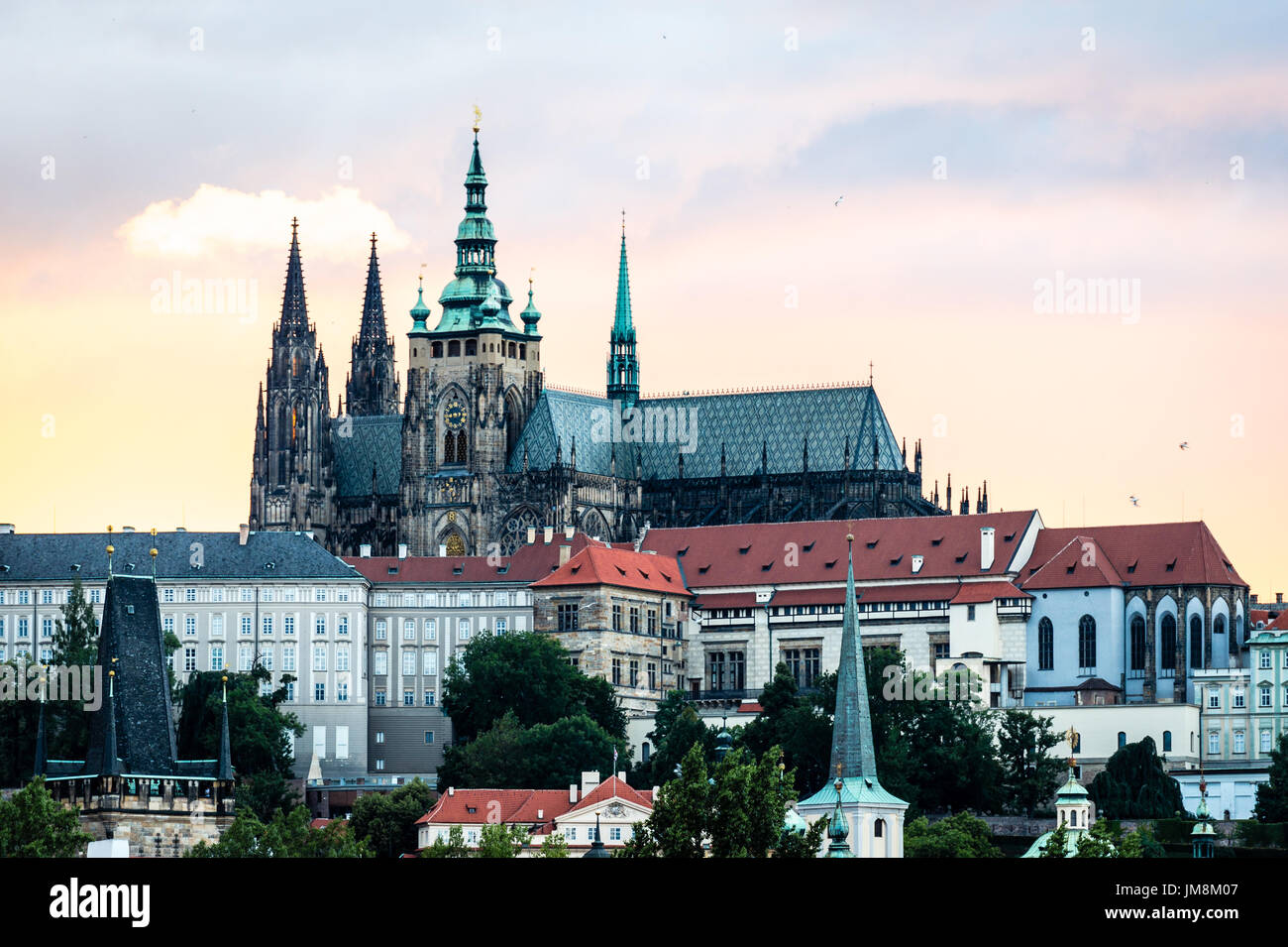 Prague, Czech Republic- July 22, 2017: Sunset over Prague castle in ...