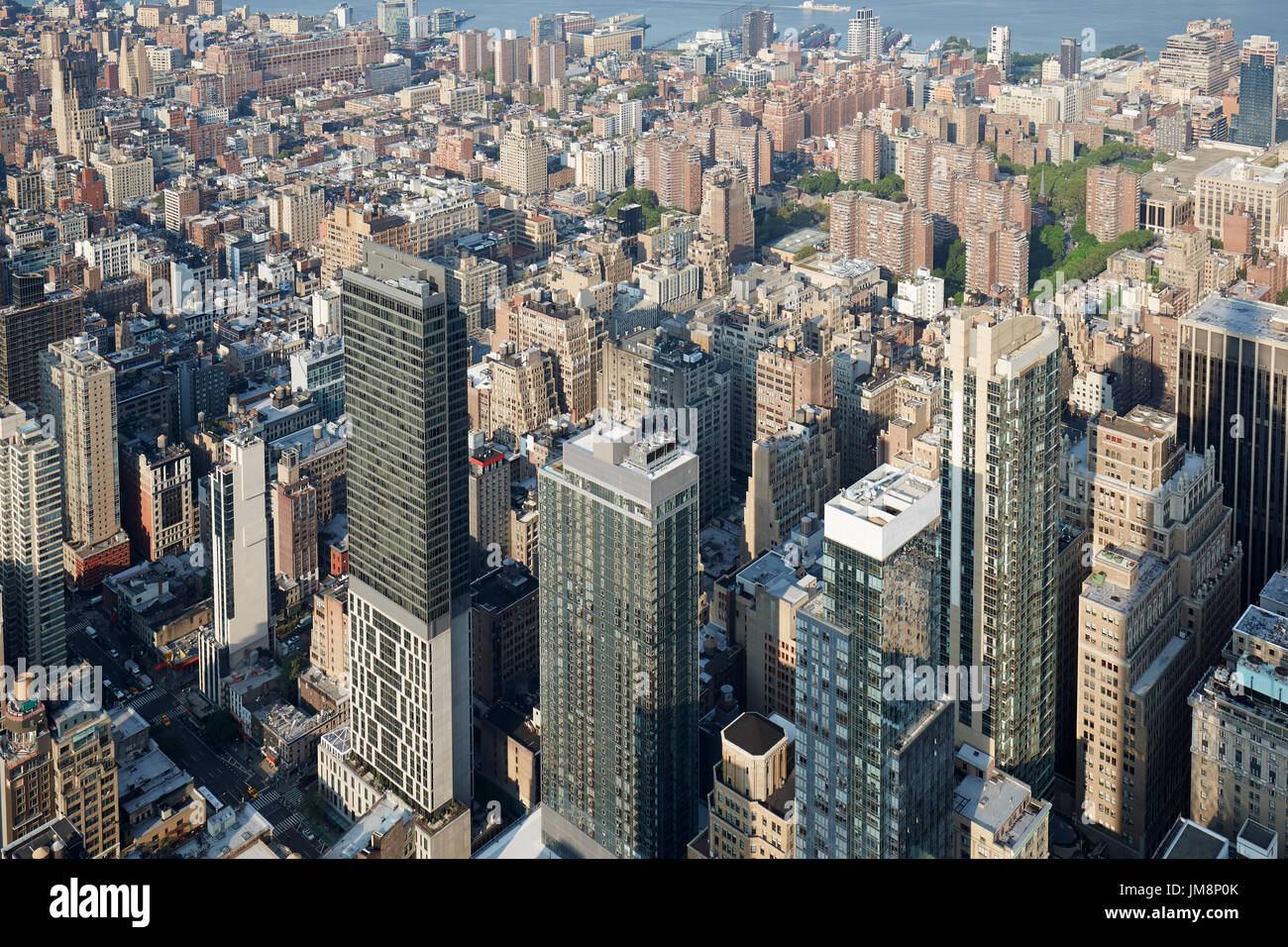 New York City midtown skyline aerial view with skyscrapers in sunlight ...