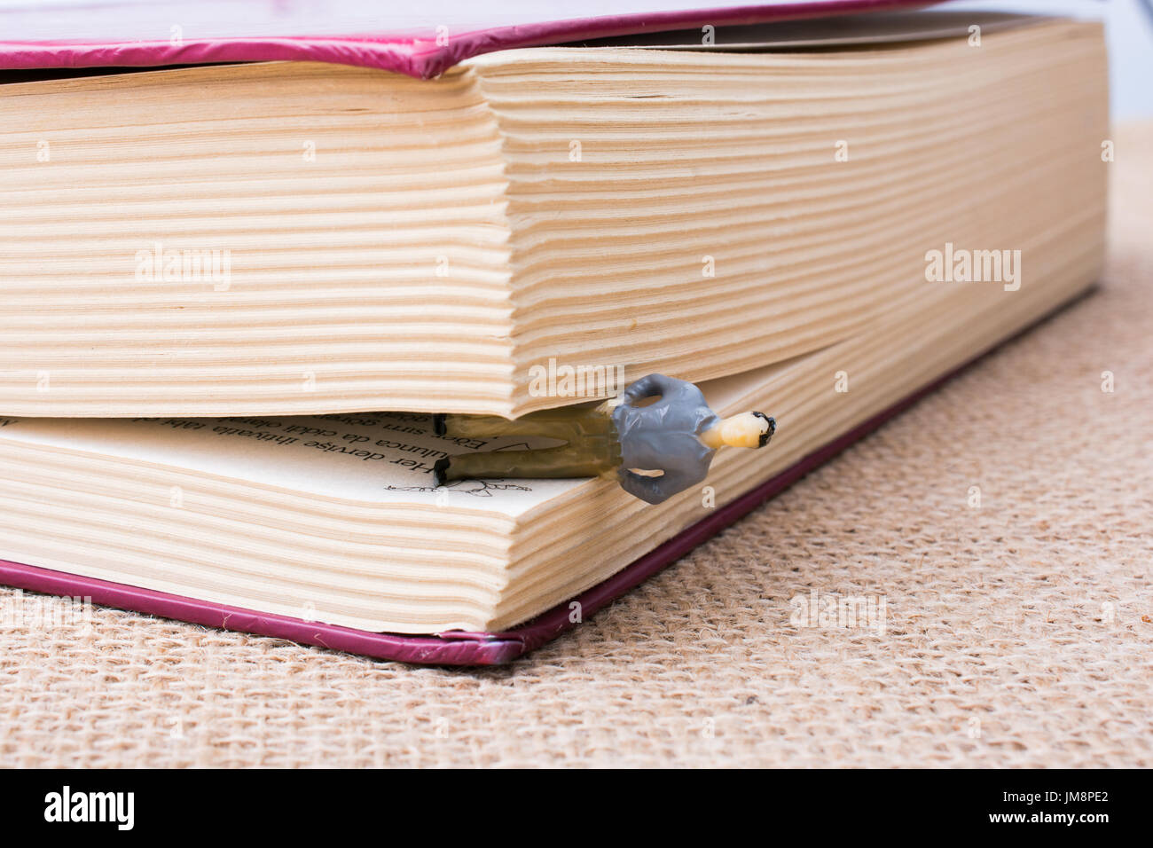 Figurine trapped in the pages of a book Stock Photo - Alamy