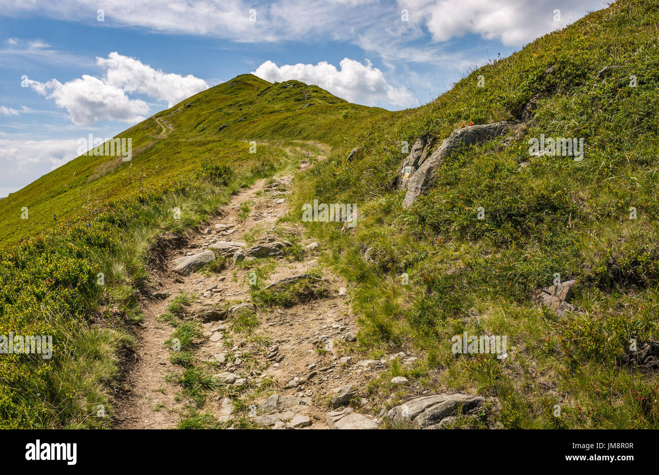 summer mountain landscape. footpath uphill through the ridge to the ...