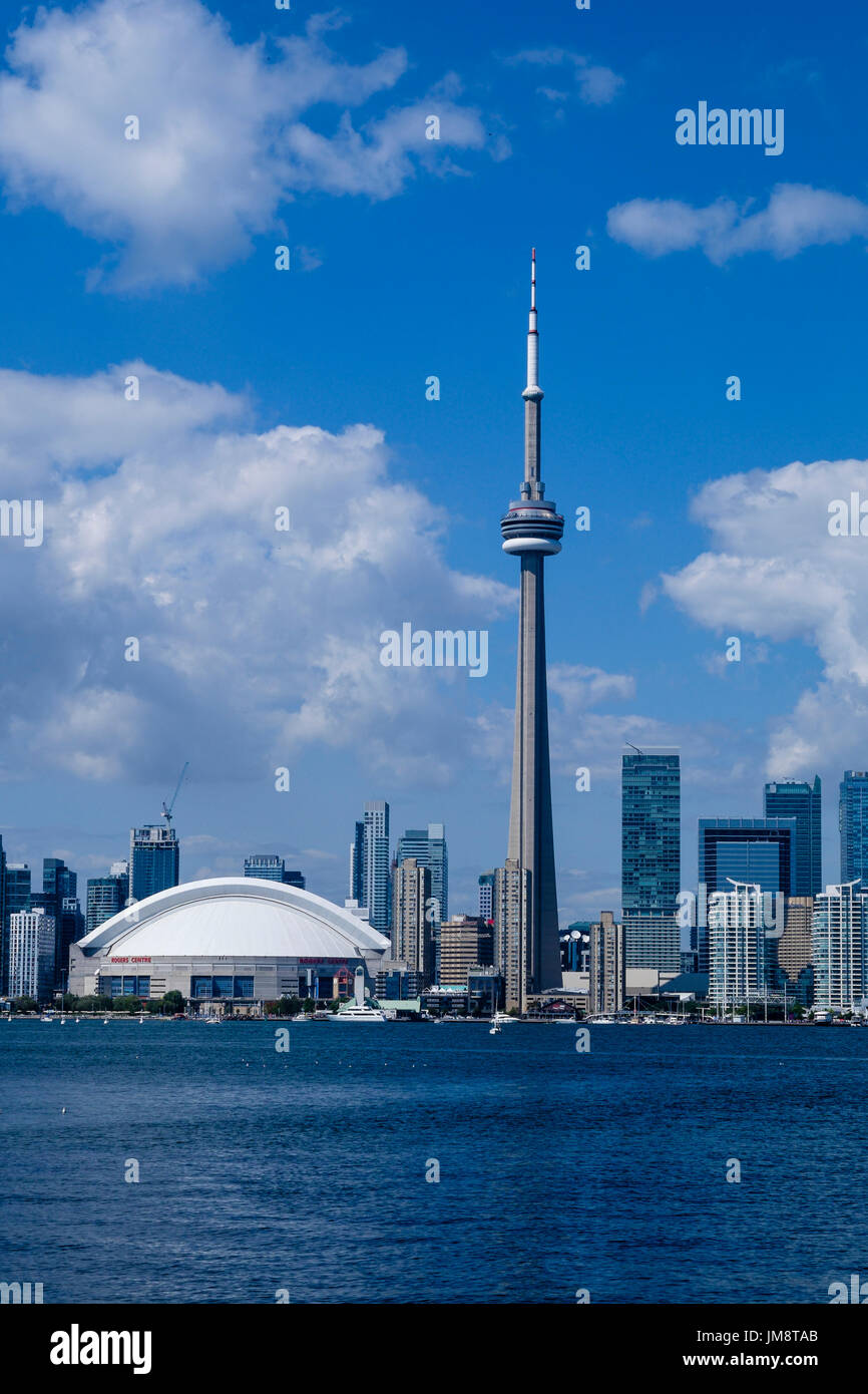 The CN Tower and Rogers Centre Center dominate the Toronto skyline seen ...