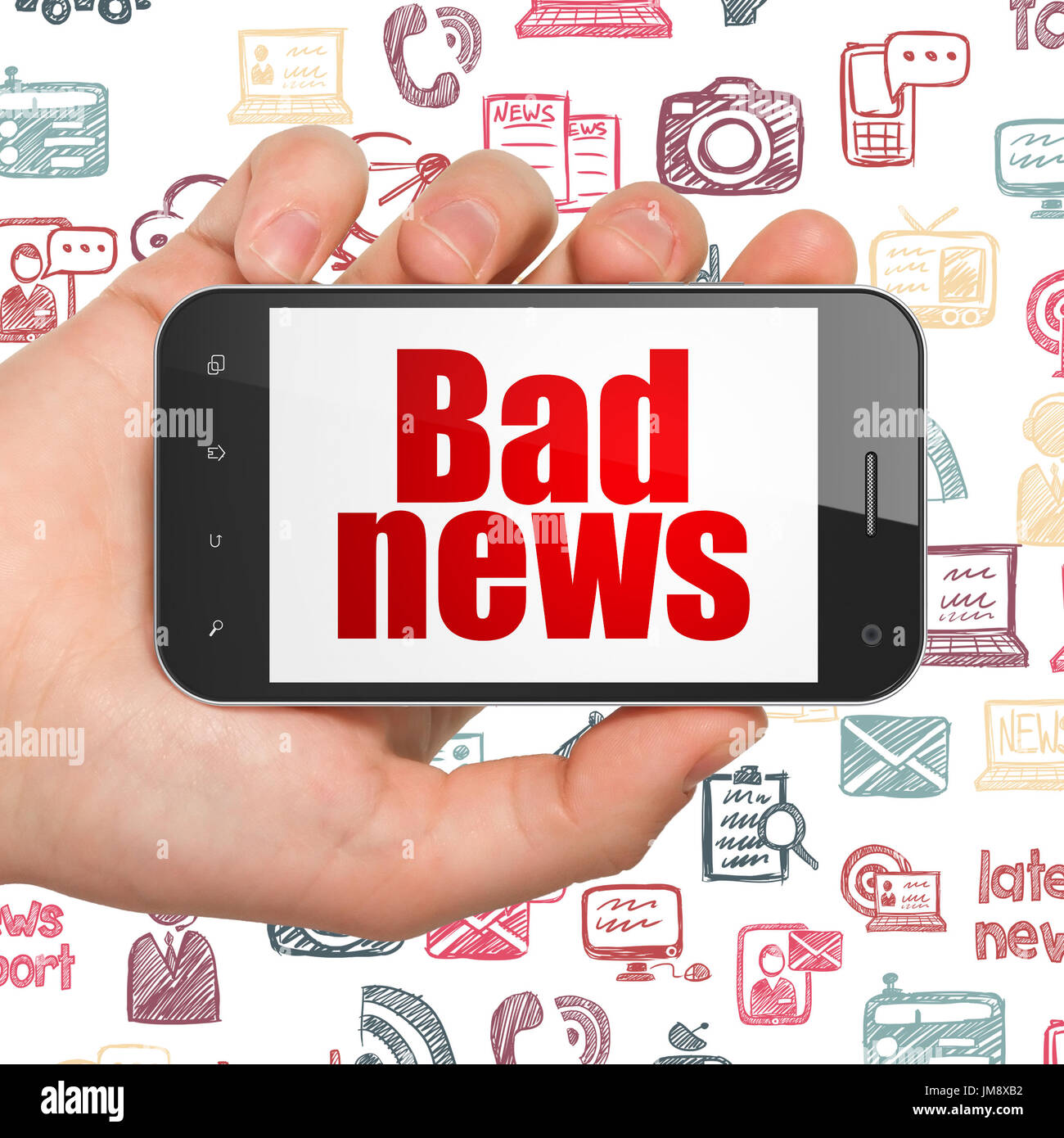 News concept: Hand Holding Smartphone with Bad News on display Stock ...