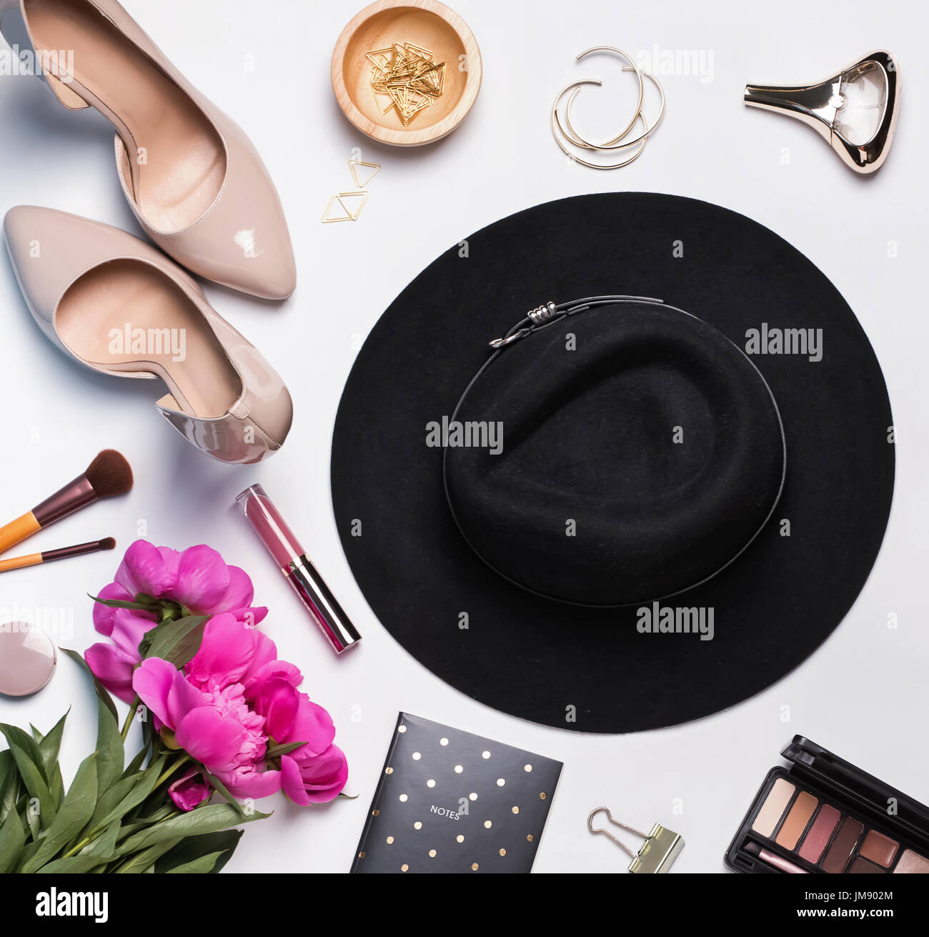 Woman's stylish accessories on white background, top view Stock Photo ...