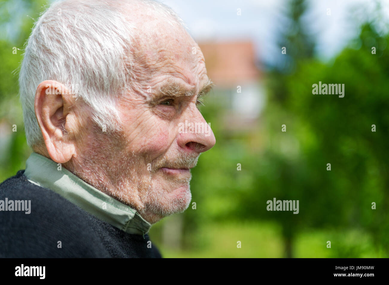 Handsome 80 plus year old senior man posing for a portrait in his ...