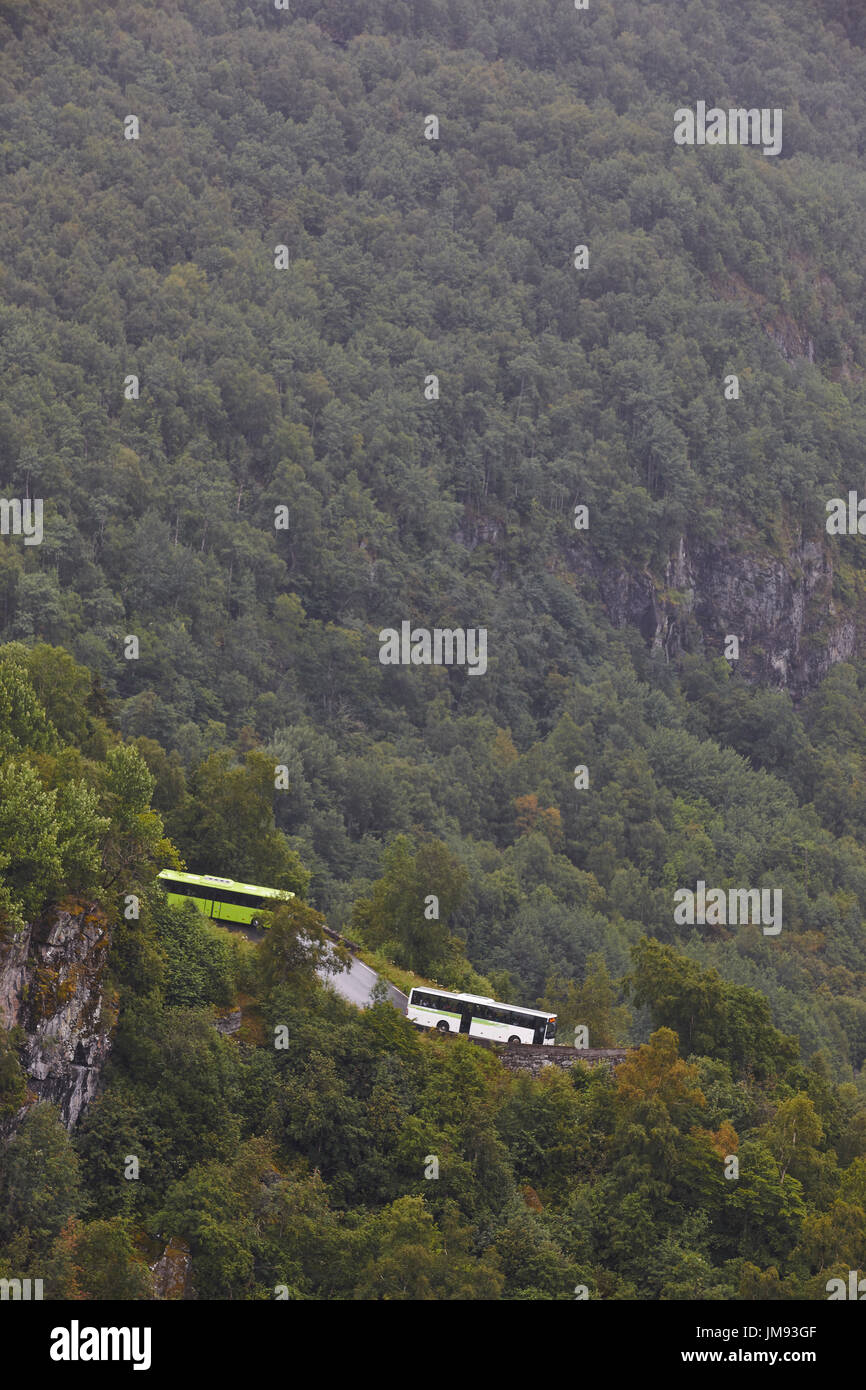 Norwegian mountain road with buses. Stalheim viewpoint. Visit Norway ...