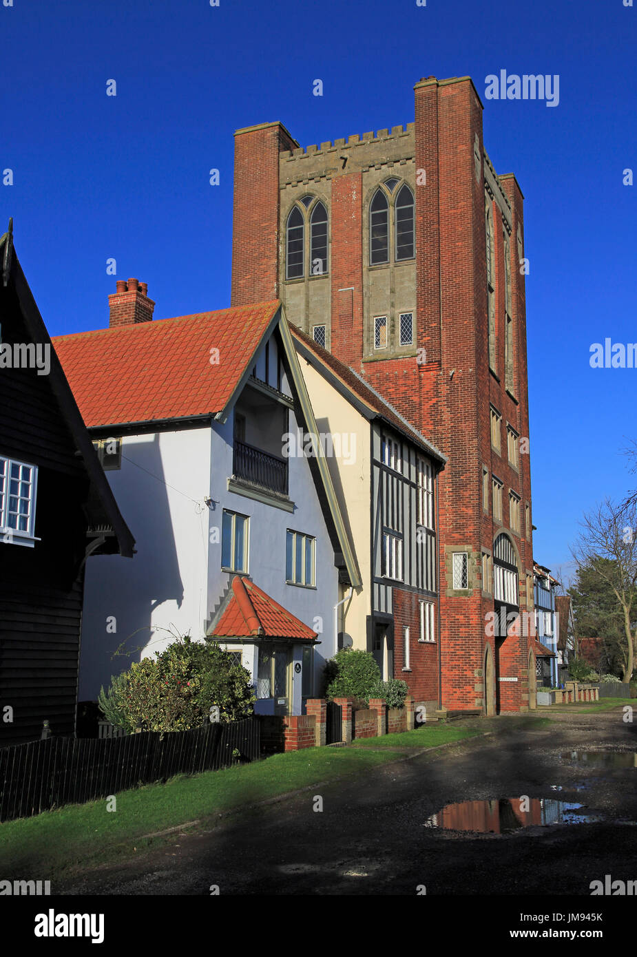 Eccentric mock Tudor architecture of water tower and houses, Thorpeness ...