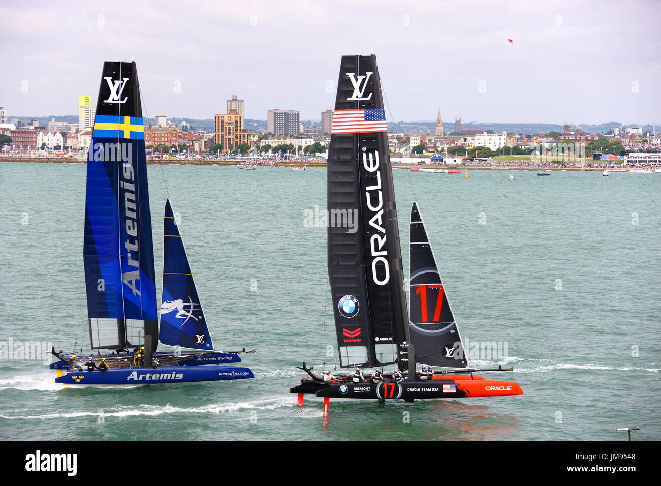 Racing yachts competing in the 2016 America's Cup in The Solent Stock ...