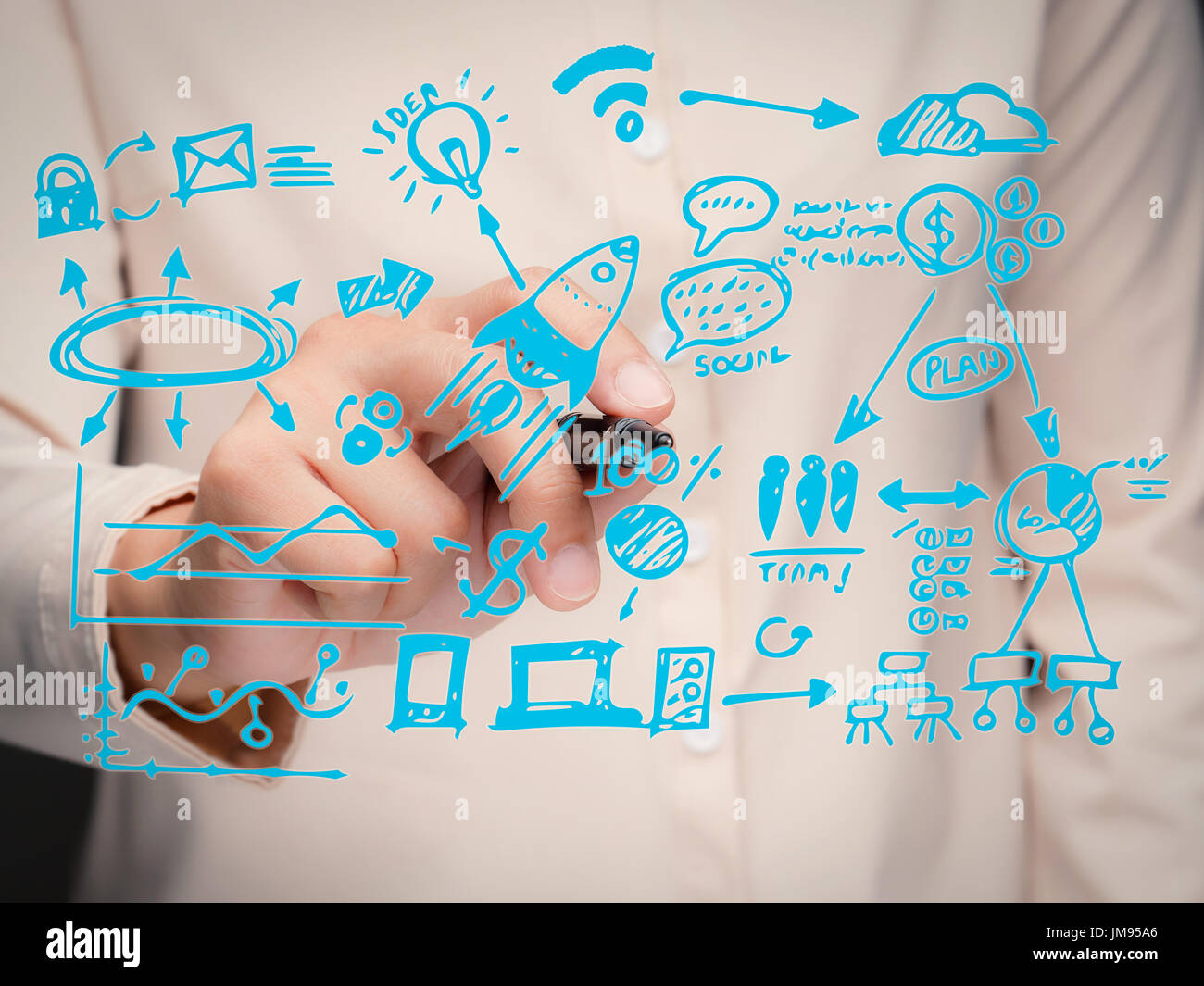 businesswoman's hand drawing business plan Stock Photo - Alamy