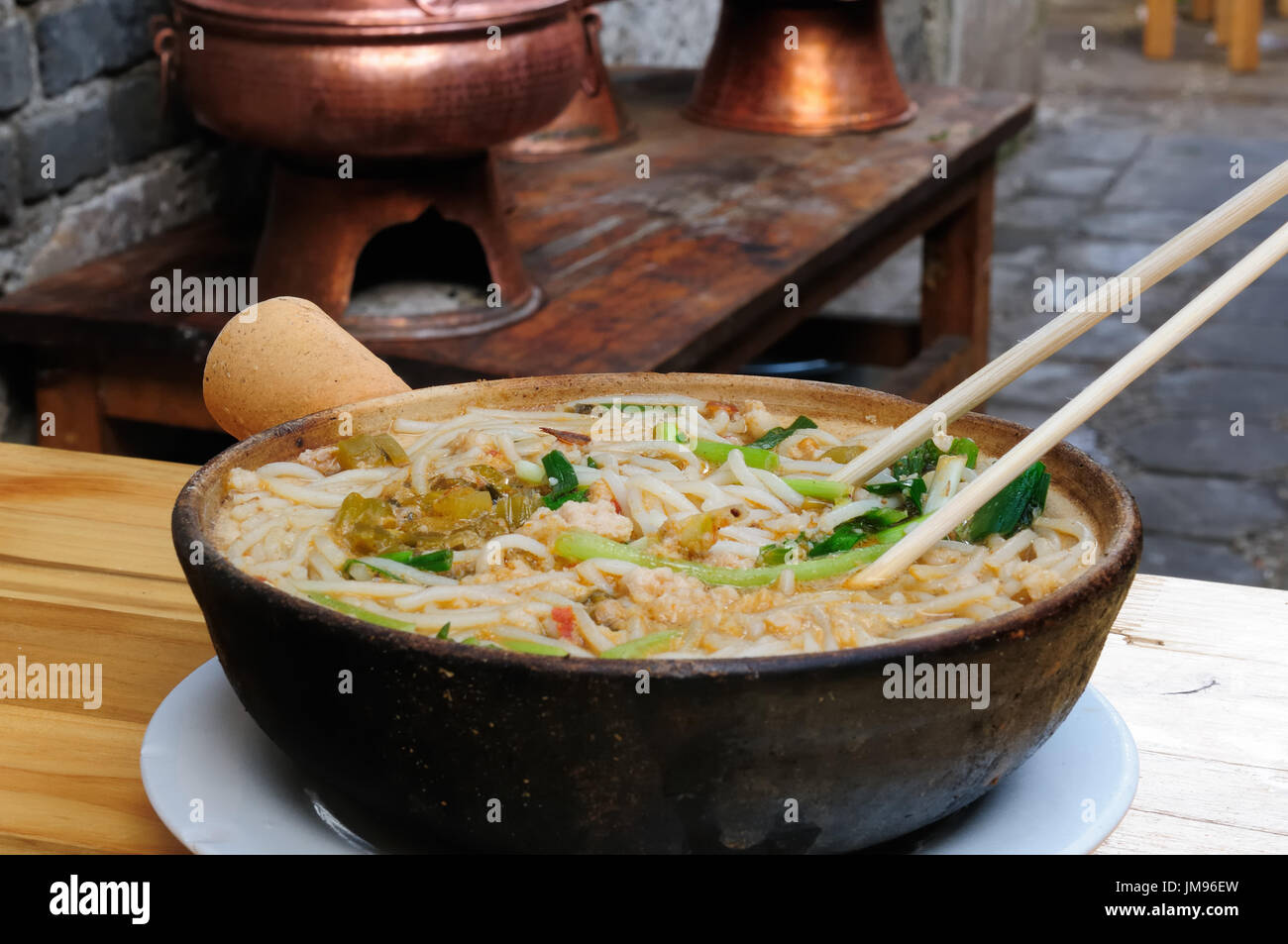 Traditional straight meal of Chinese the heat soup with the noodle ...