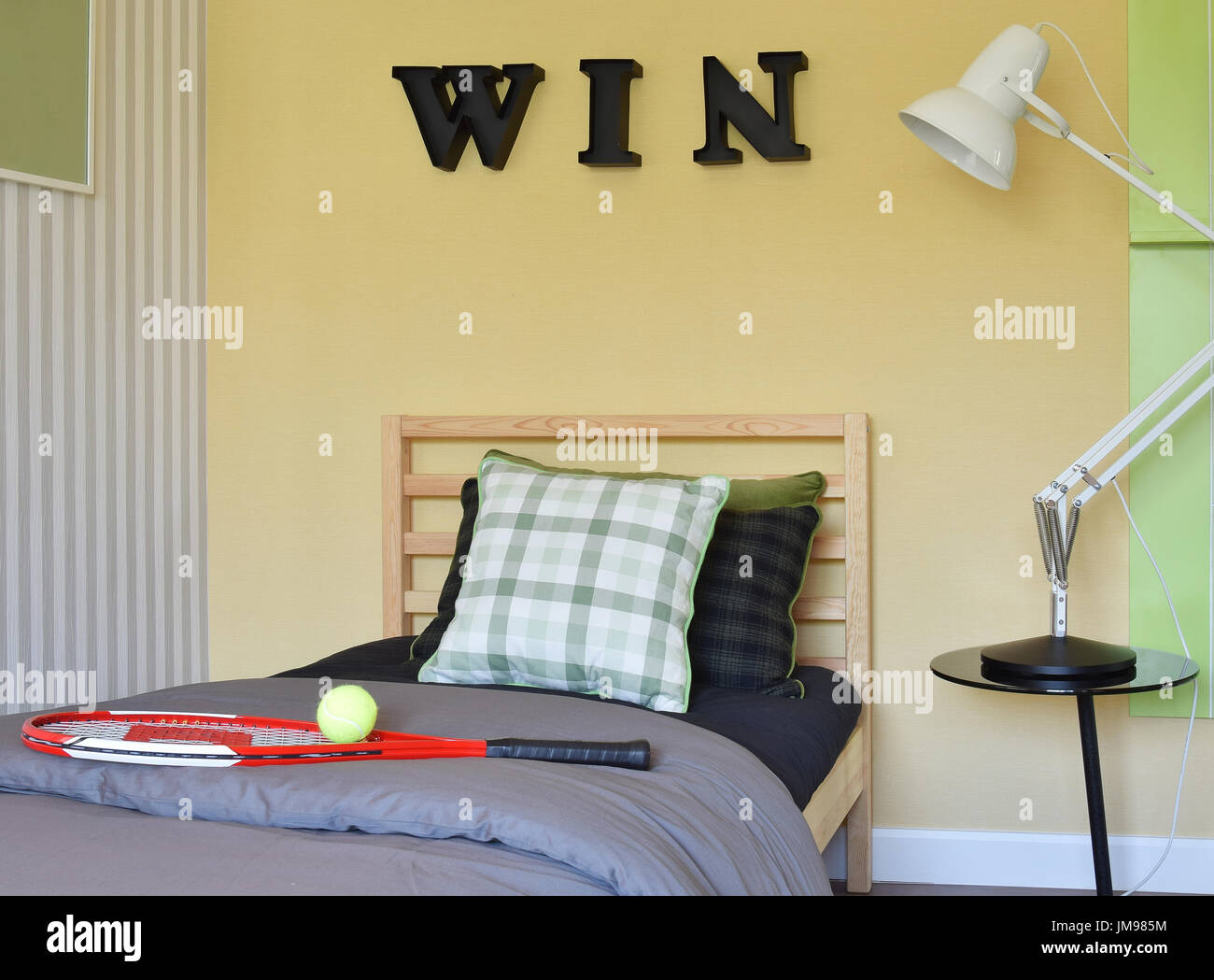 modern bedroom interior decorative with racquet and tennis ball on ...