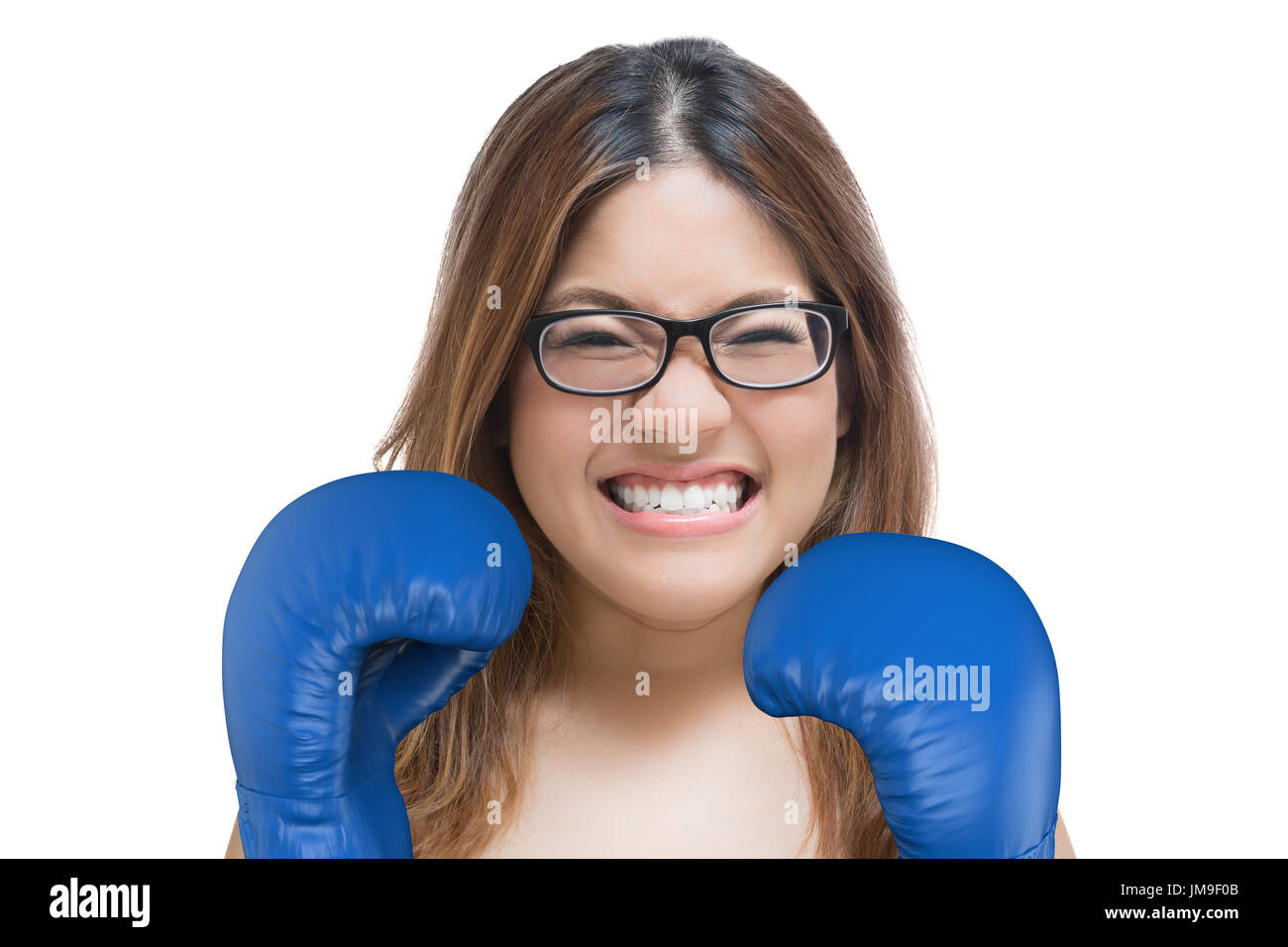 Woman Fighting Concept With Asian Woman Wearing Blue Boxing Gloves