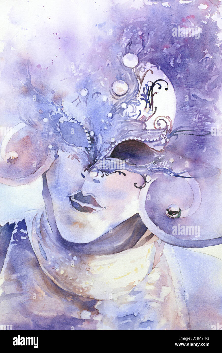 Watercolor painting of masked person curing Carnivale (Carnival) in the ...