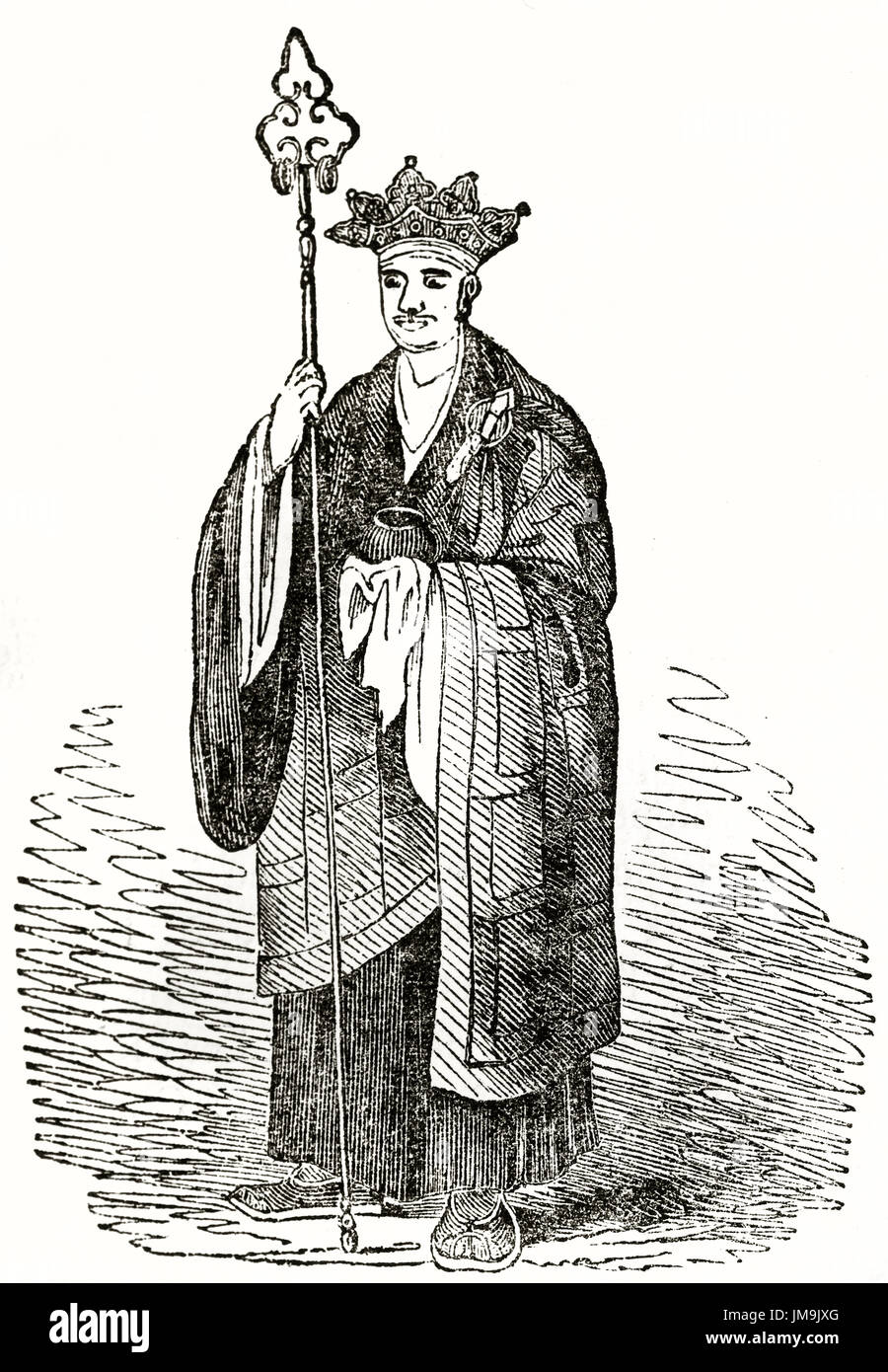 Old engraved illustration of a Chinese Buddhist priest. By unidentified ...