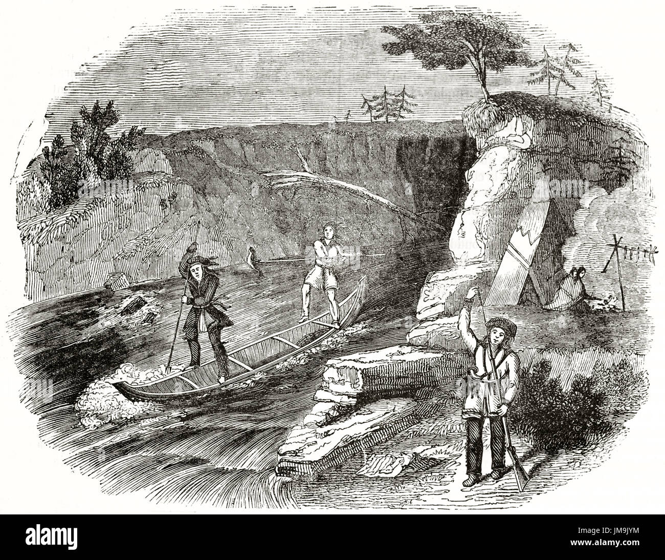 Old illustration of Chippewa natives canoeing on Thamise River ...