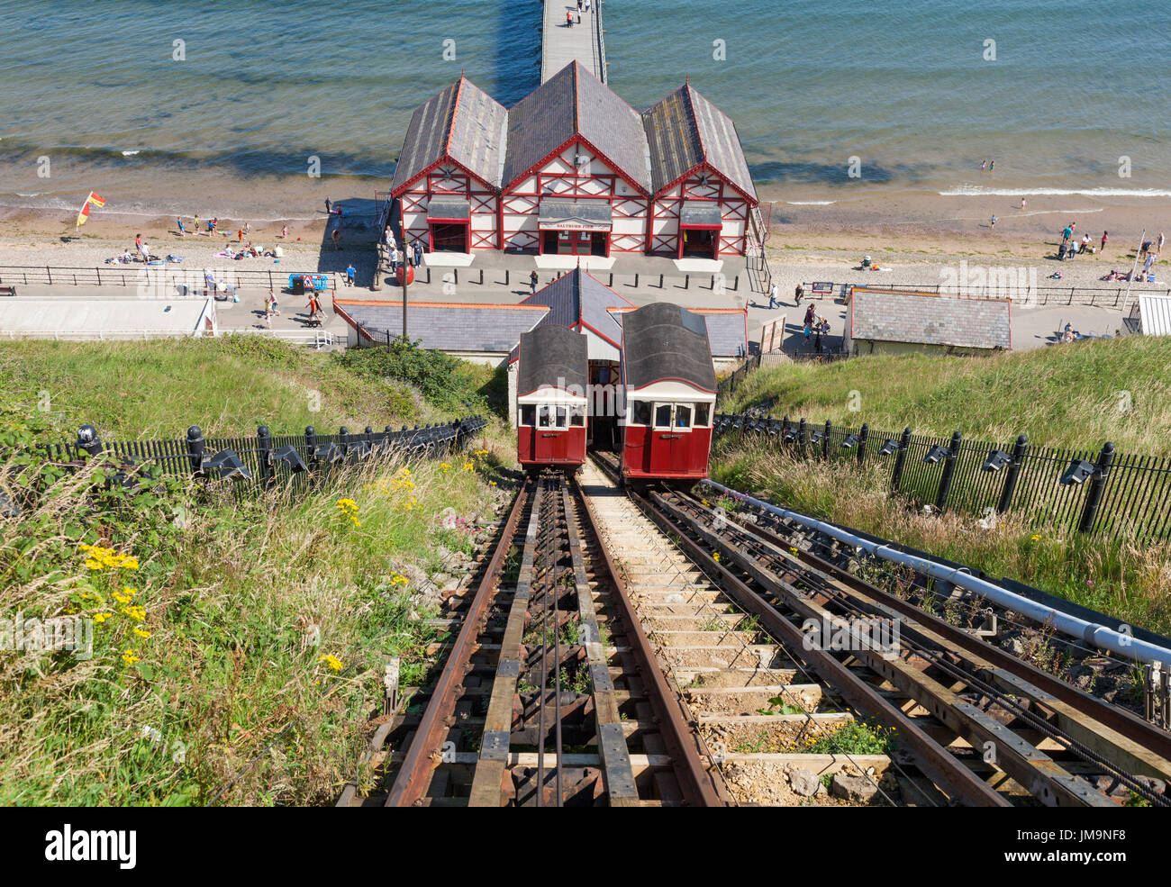 Two carriages operating on the cliff lift at Saltburn by the Sea ...